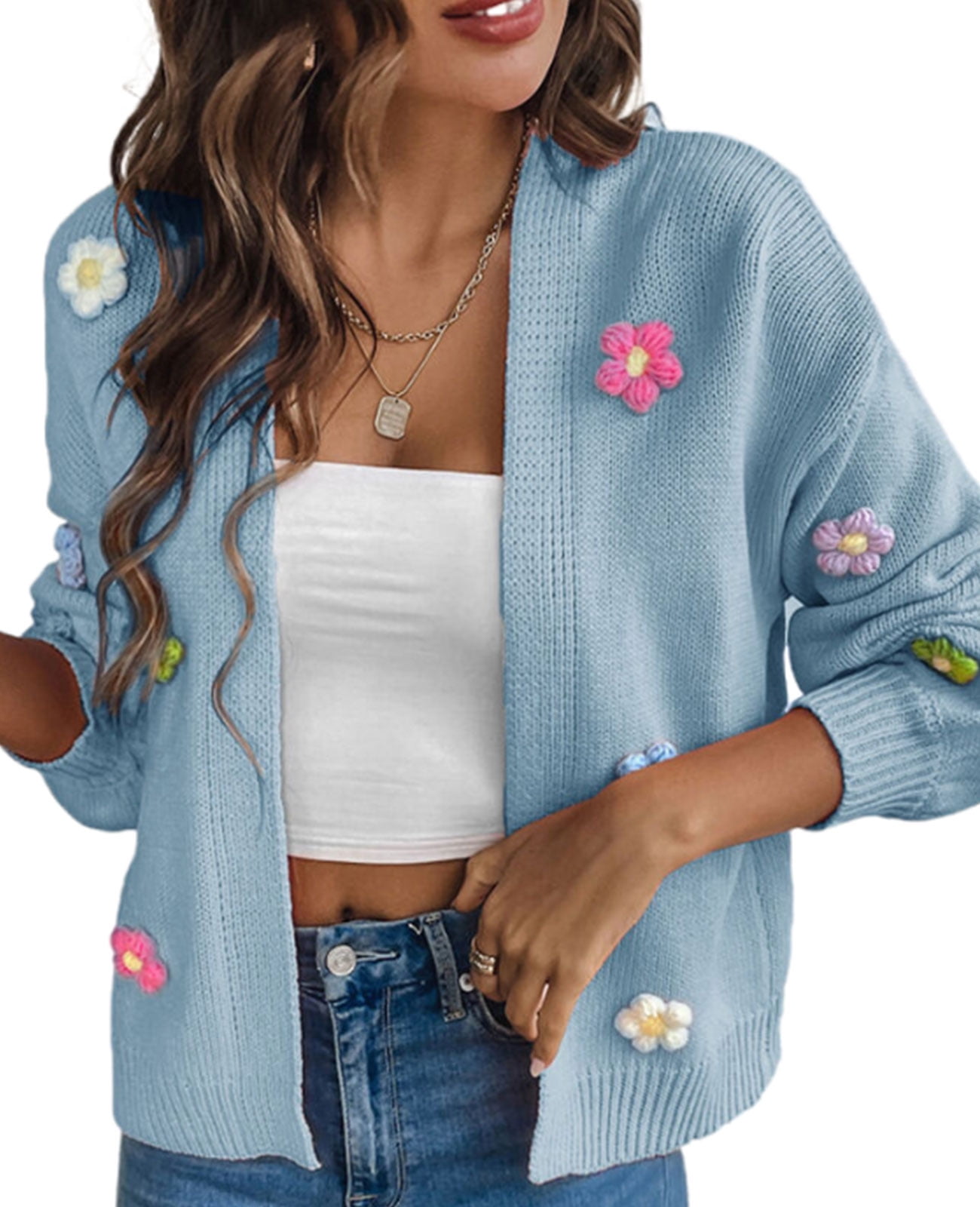 Cardigan Sweaters for Women Lightweight Daisy Flower Floral Print Open Front Soft Knitted ...