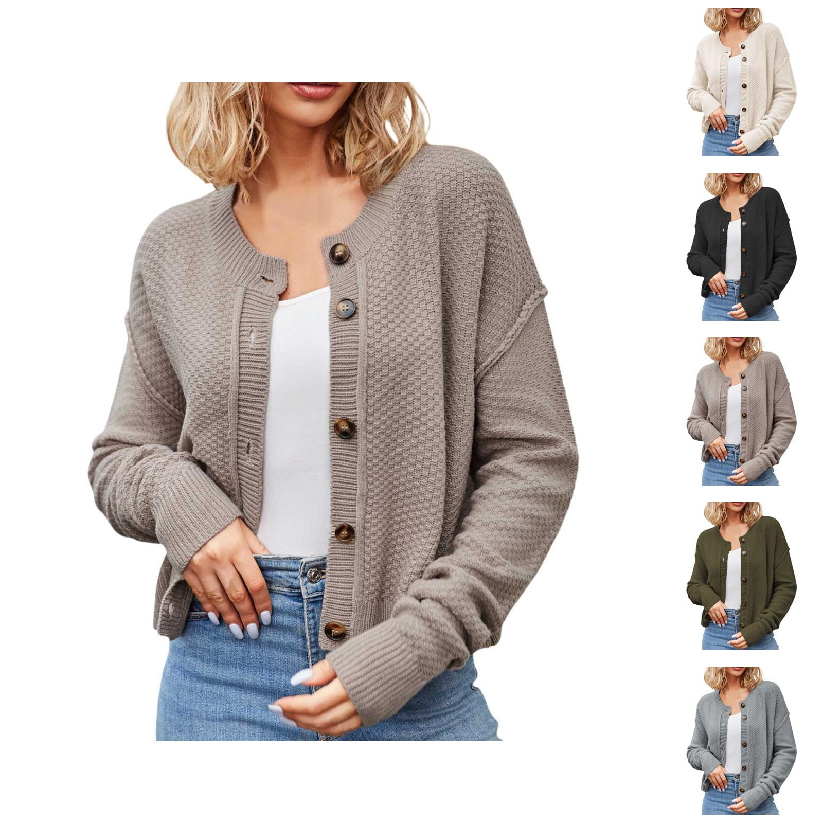 Cardigan Sweaters for Women Long Sleeve Button Round Neck Loose Fit ...