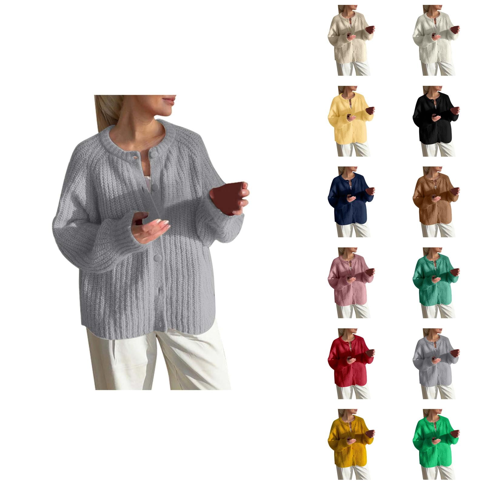 Cardigan Sweaters for Women Long Sleeve Round Neck Button Loose Fit ...