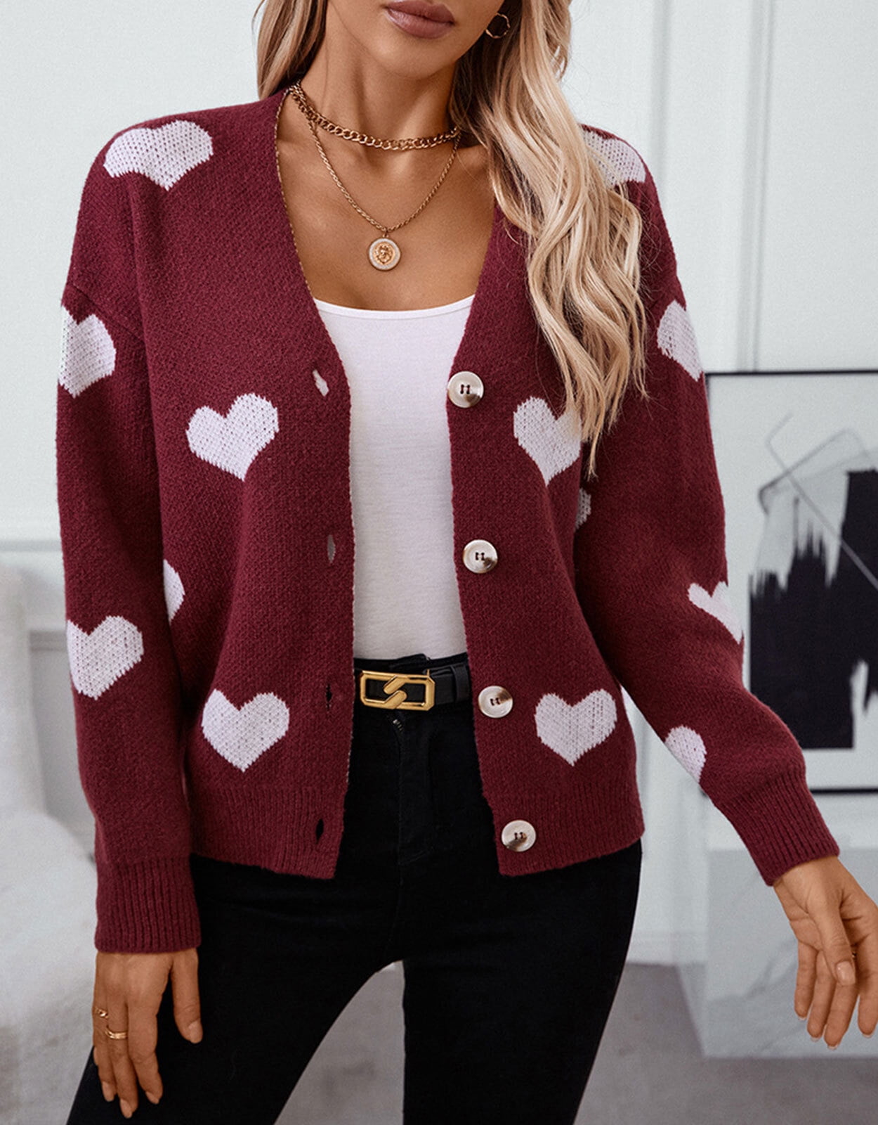 Cardigan Sweaters for Women Valentine's Day Sweater Cute Heart Print Long Sleeve Open Front ...