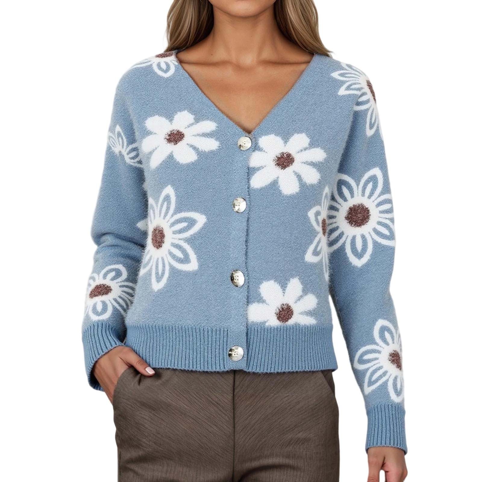 Cardigan Women Floral Pattern V Neck Short Knit Button Up Sweater Soft ...