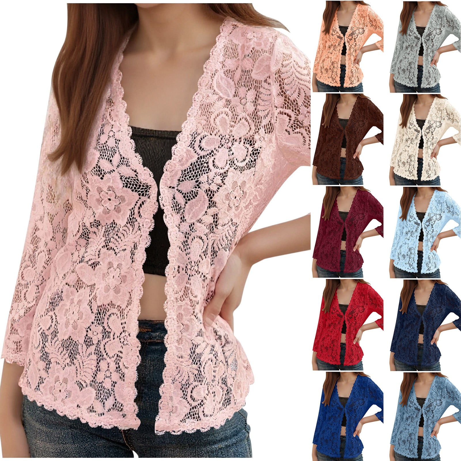 Cardigan for Women Casual Solid Color Lace Cover Up Open Front Tops ...