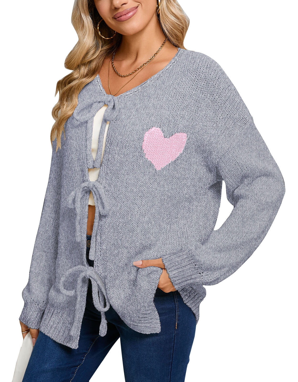 Cardigan for Women Heart Cable Knit Cardigan Sweater V Neck Open Front ...