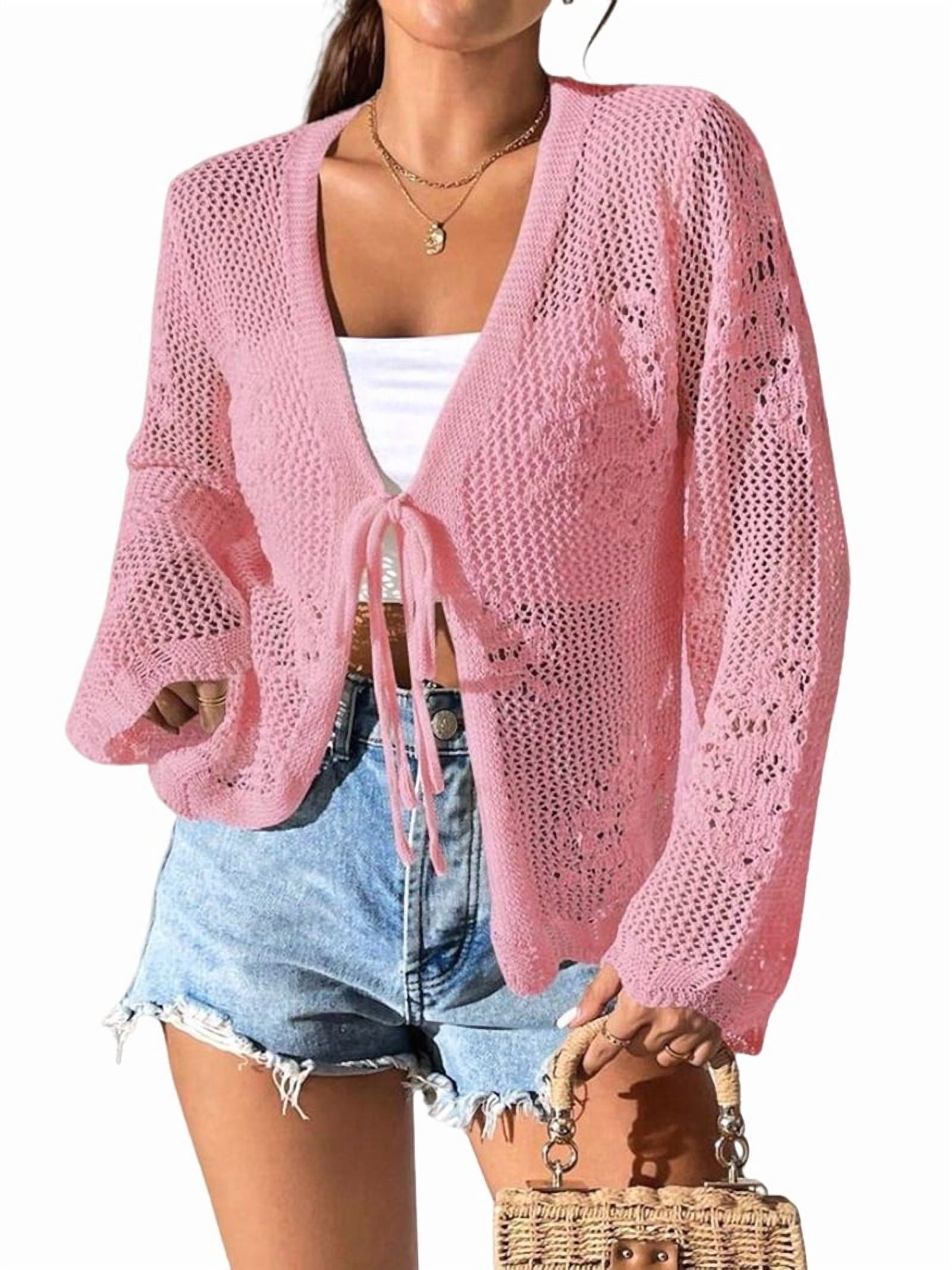 Cardigan for Women LightweightS Crochet Mesh Long Sleeve Tie Front Knit ...