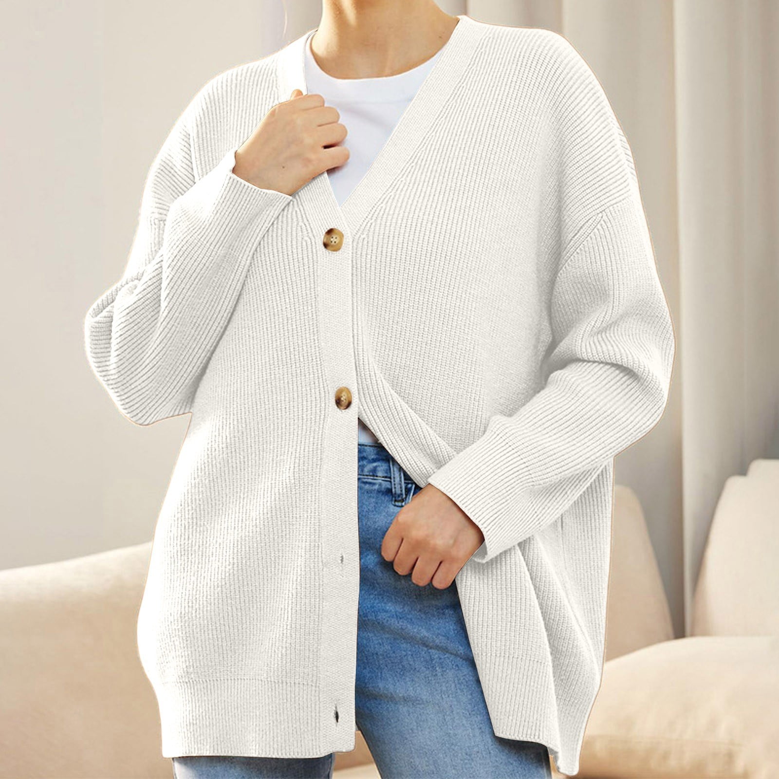 Cardigans Sweaters For Women Ribbed Knit Solid Color V Neck Long Sleeve ...