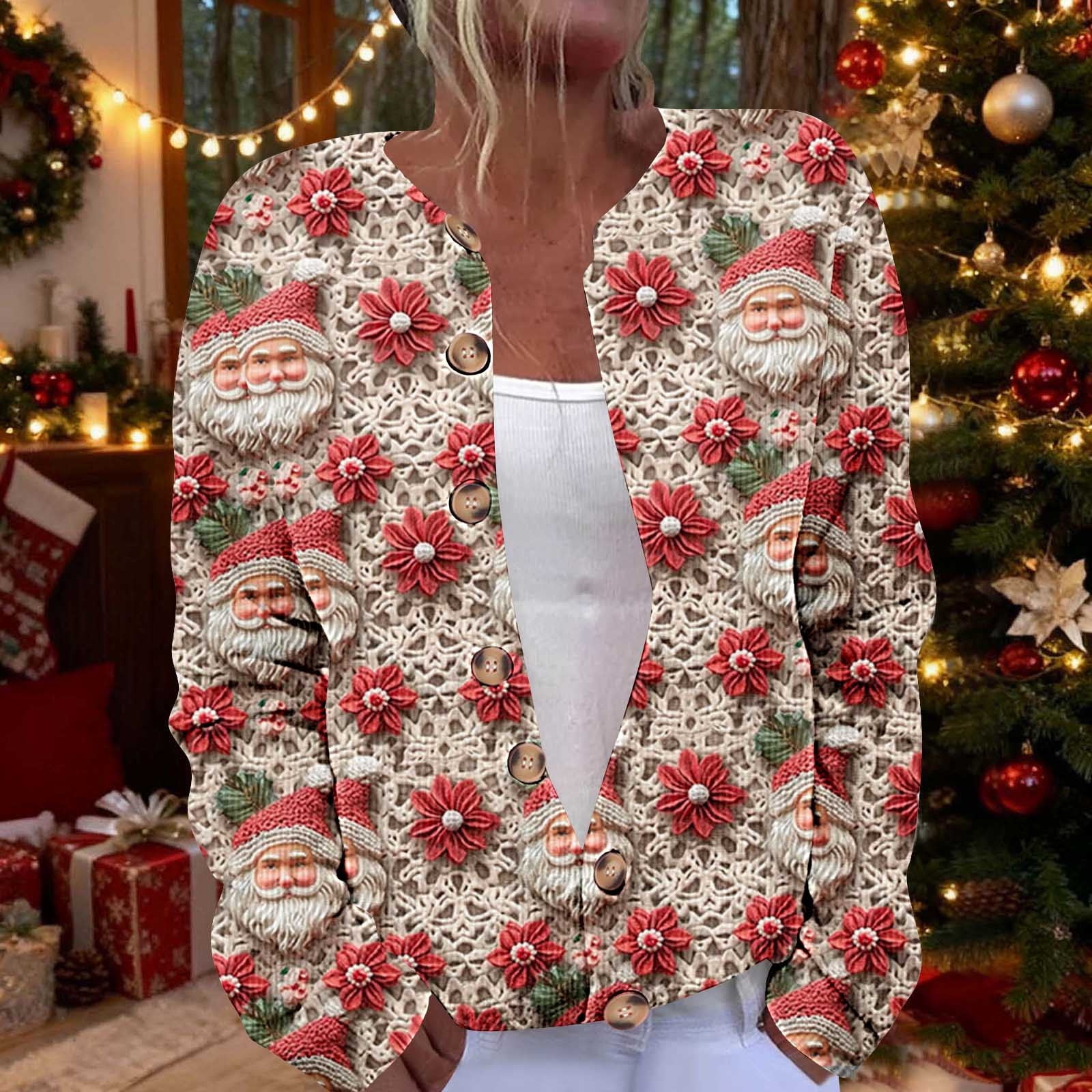 Cardigans Sweaters for Women 2025 Holiday Christmas Graphic Button Down ...