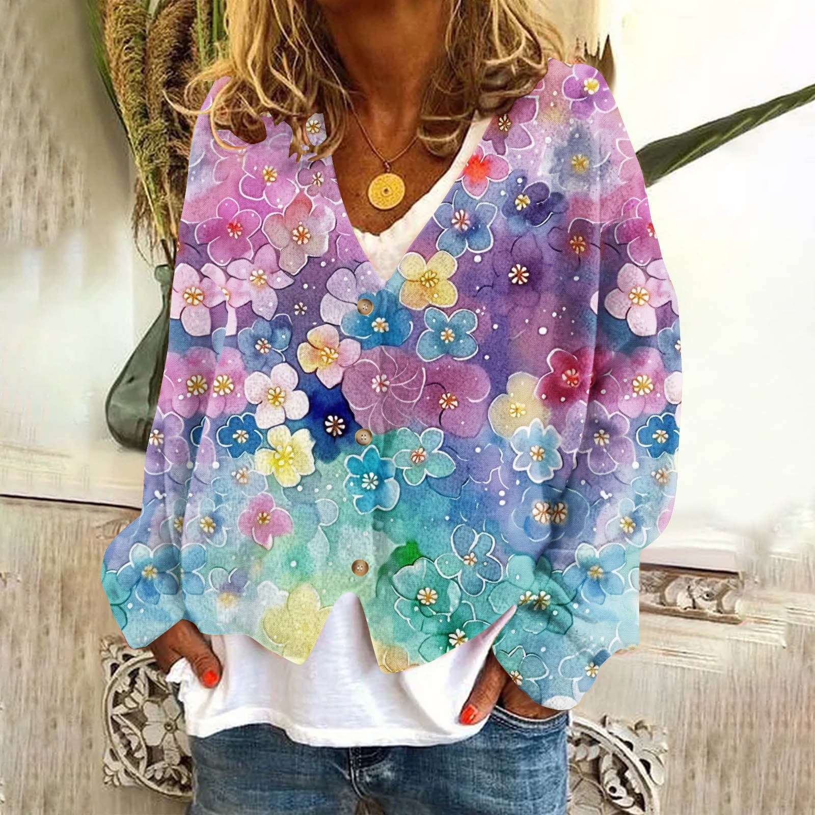 Cardigans for Women Colorful Floral Print V Neck Open Front Button Down ...