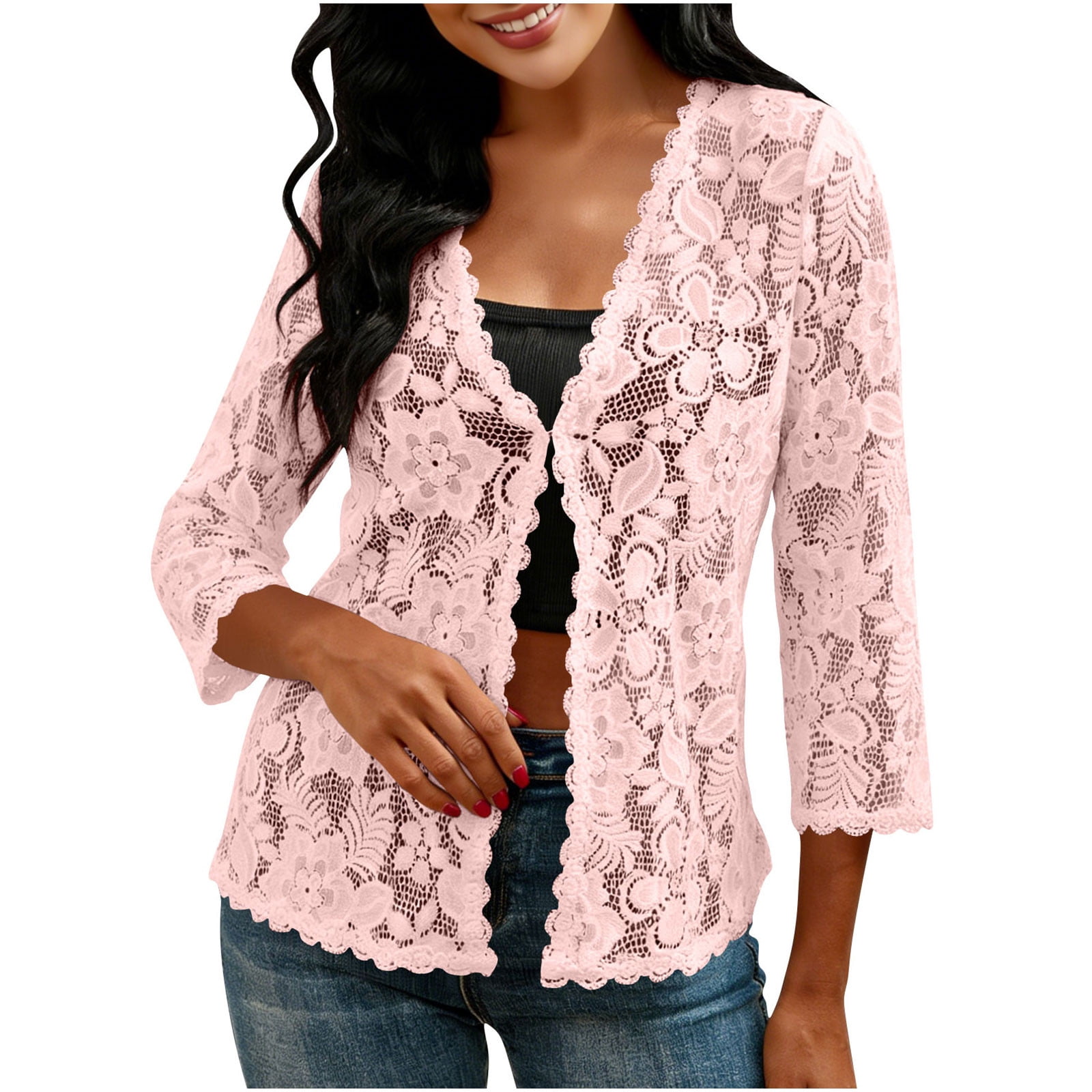 Cardigans for Women 3/4 Sleeves Open Front Lightweight Shrug Lace ...