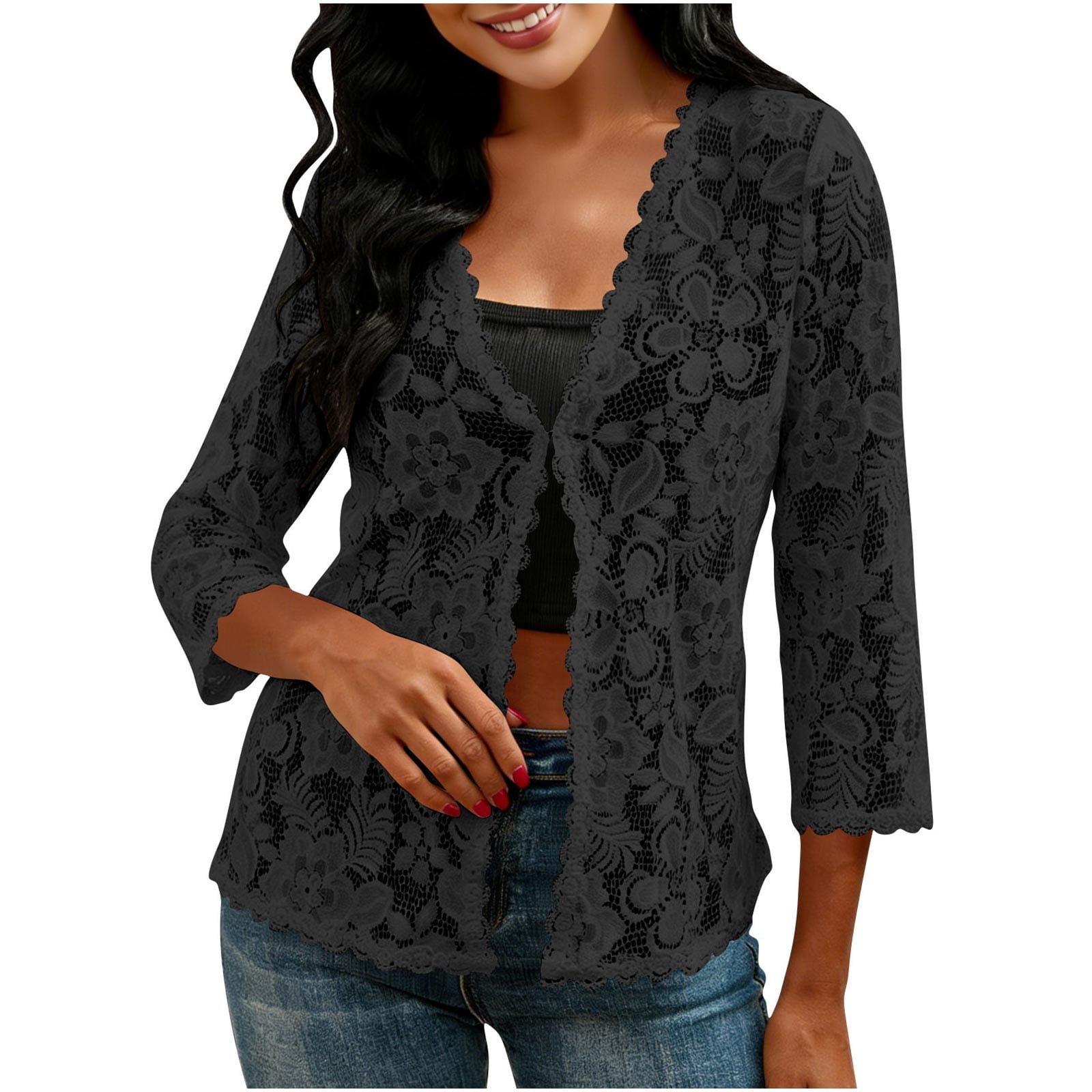 Cardigans for Women 3/4 Sleeves Open Front Lightweight Shrug Lace ...