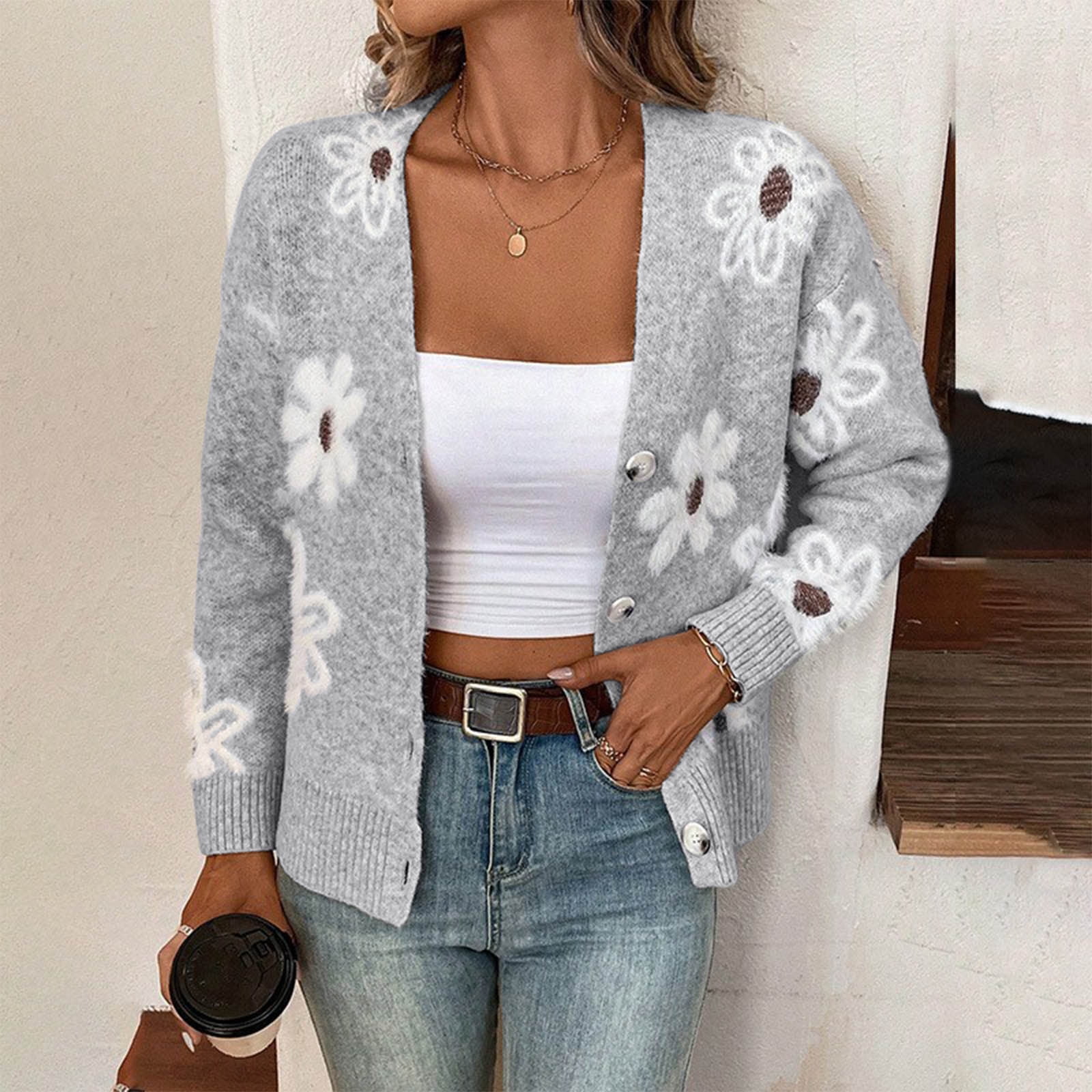 Cardigans for Women Floral Pattern Button Knit Winter Loose Casual Long ...