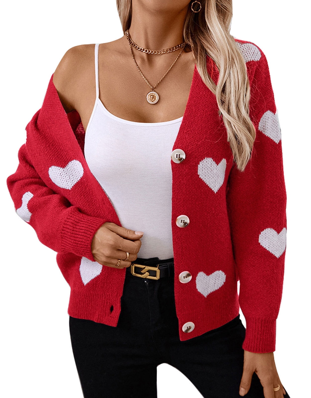 Cardigans for Women Heart Print Valentine's Day Sweaters Loose Casual ...
