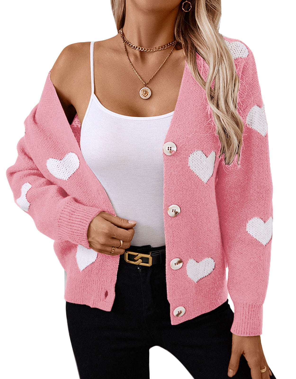Cardigans for Women Heart Print Valentine's Day Sweaters Loose Casual ...