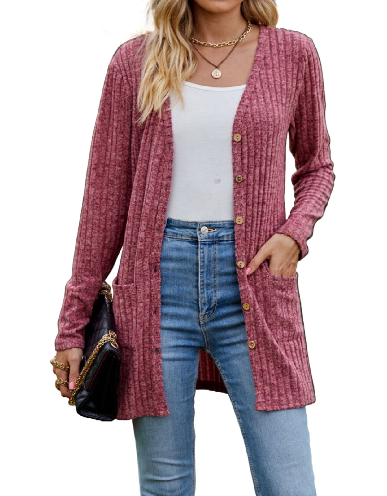 Cardigans for Women Solid Long Sleeve Ribbed Knit Open Front Button ...