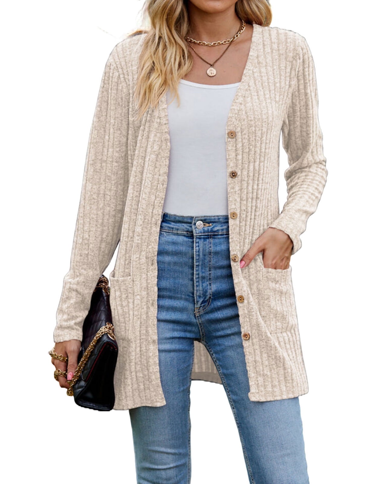 Cardigans for Women Solid Long Sleeve Ribbed Knit Open Front Button ...
