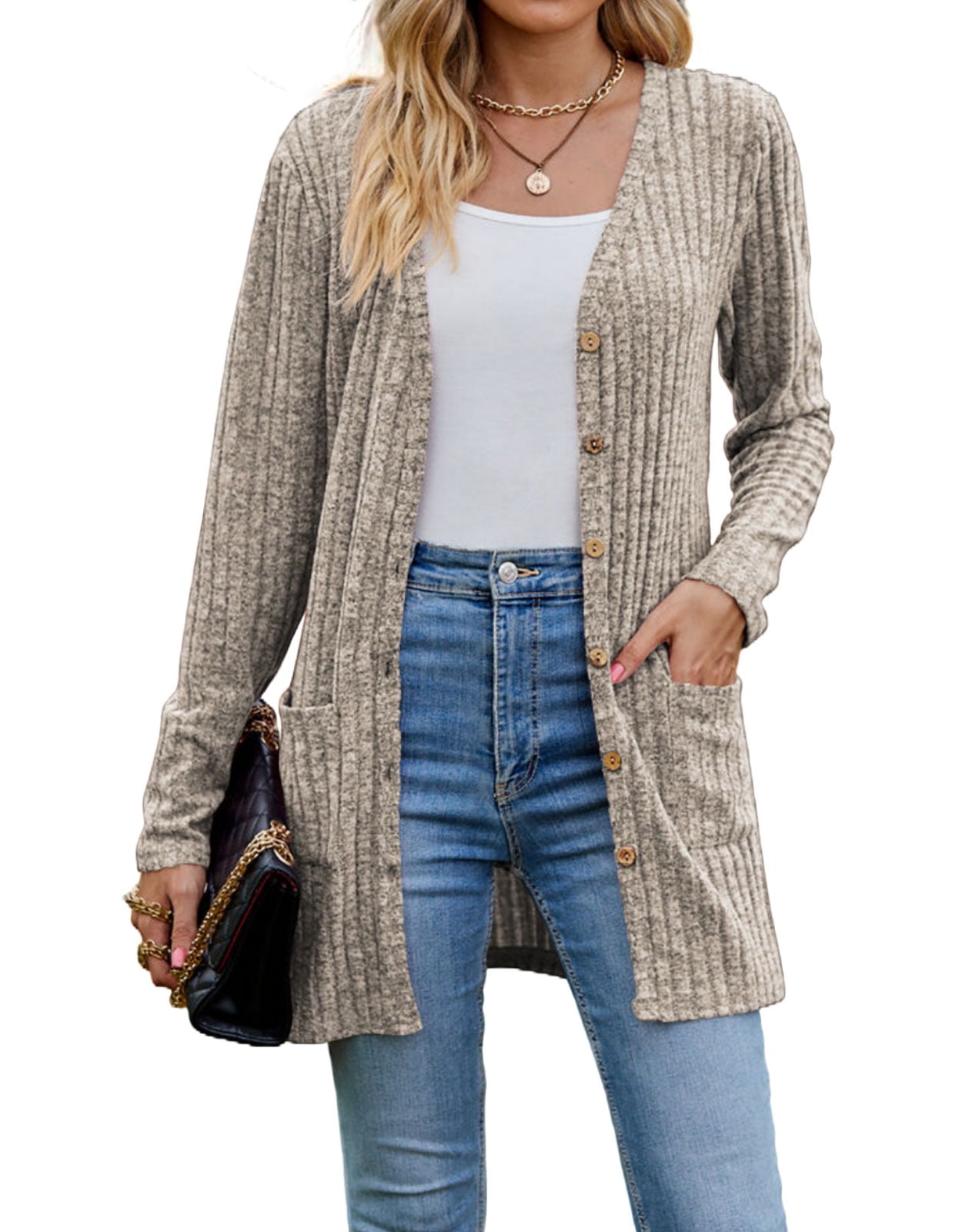 Cardigans for Women Solid Long Sleeve Ribbed Knit Open Front Button ...