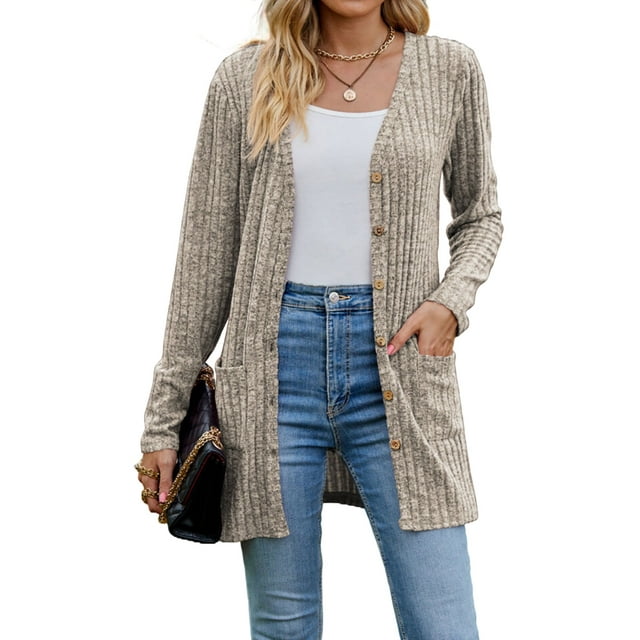 Cardigans for Women Solid Long Sleeve Ribbed Knit Open Front Button ...
