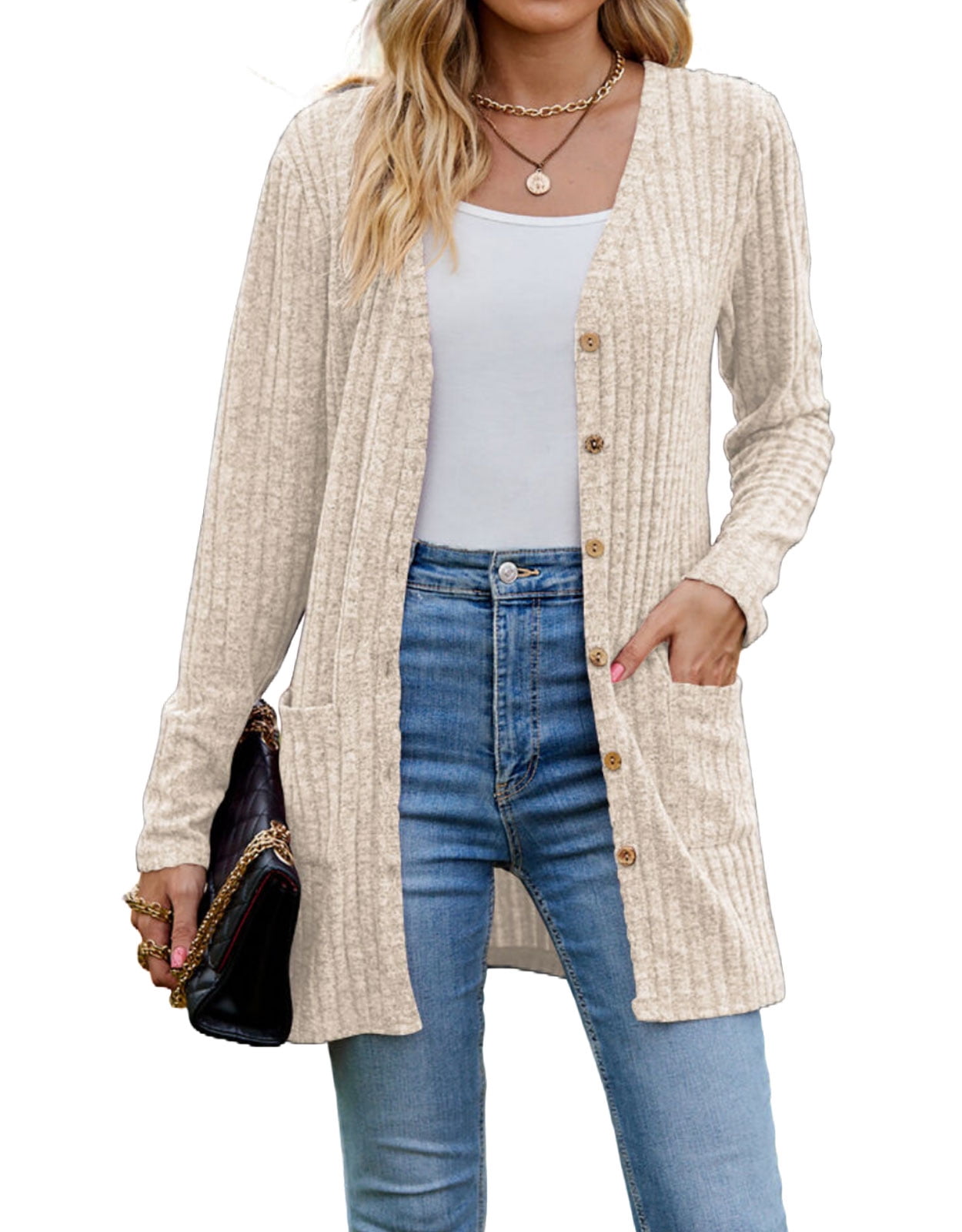 Cardigans for Women Solid Long Sleeve Ribbed Knit Open Front Button Lightweight Fall Cardigan ...
