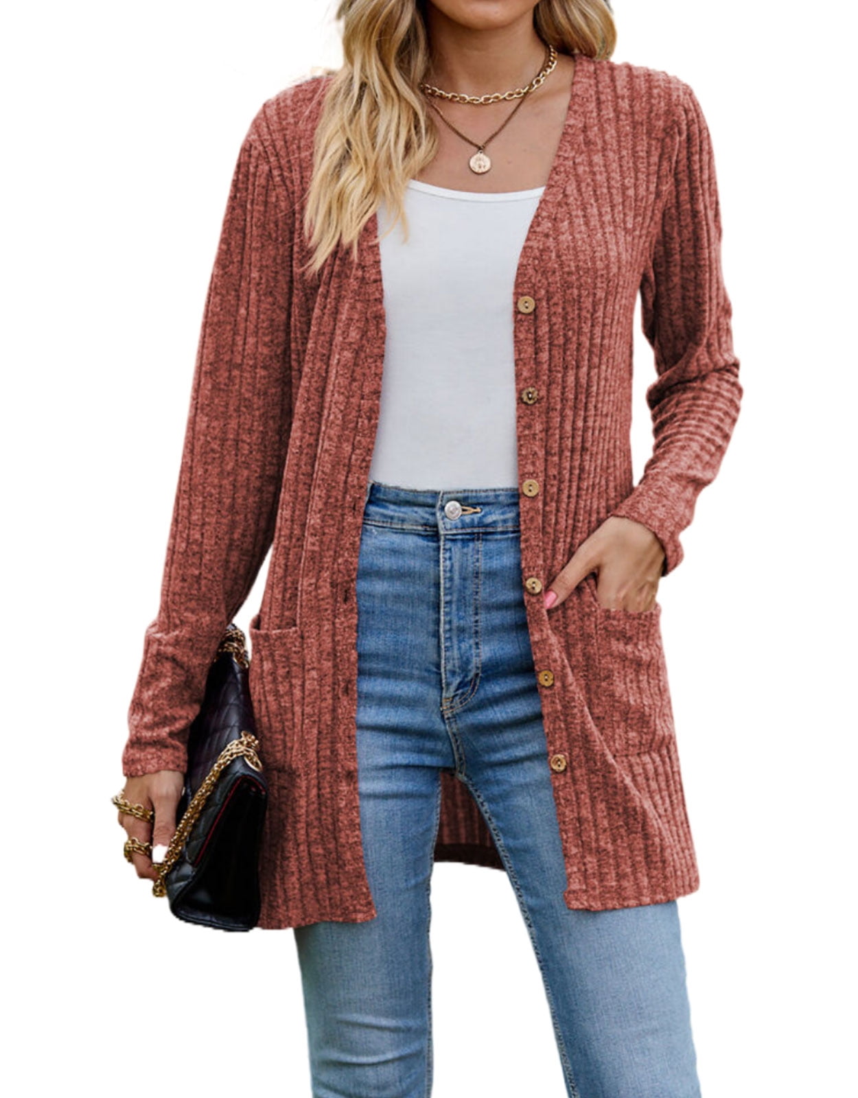 Cardigans for Women Solid Long Sleeve Ribbed Knit Open Front Button ...