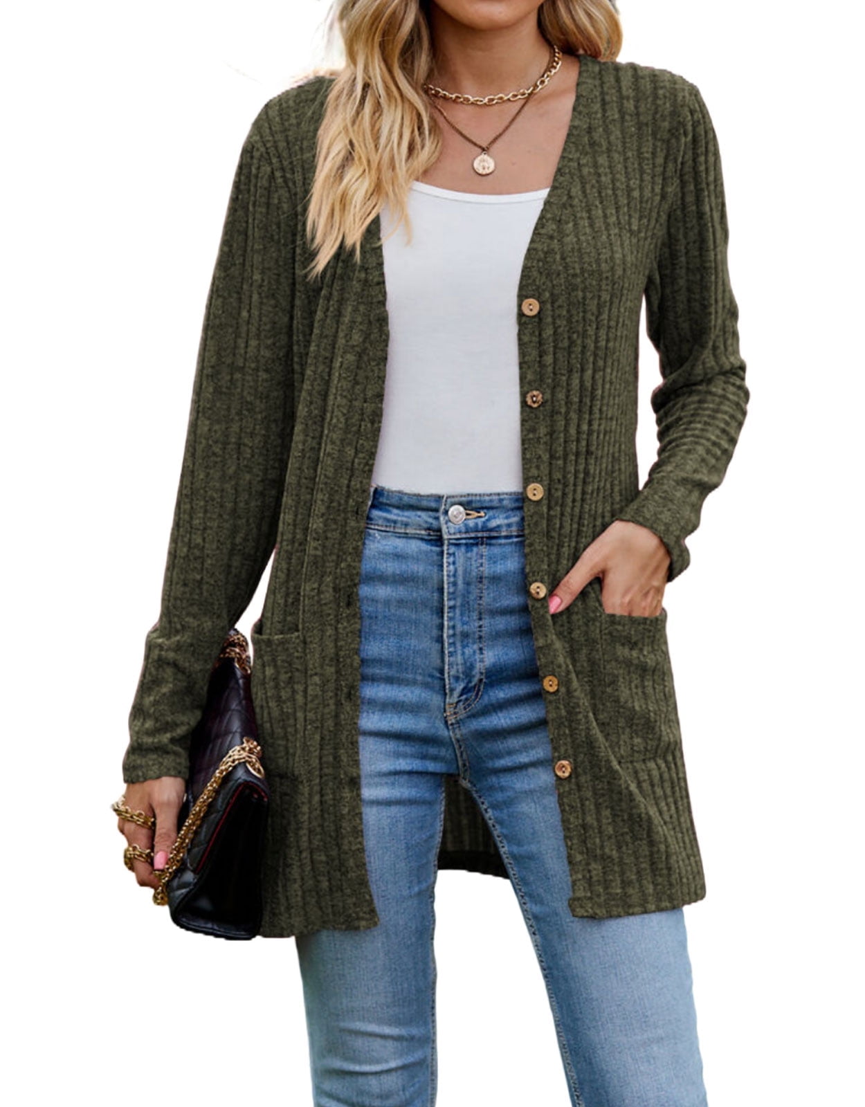 Cardigans for Women Solid Long Sleeve Ribbed Knit Open Front Button ...