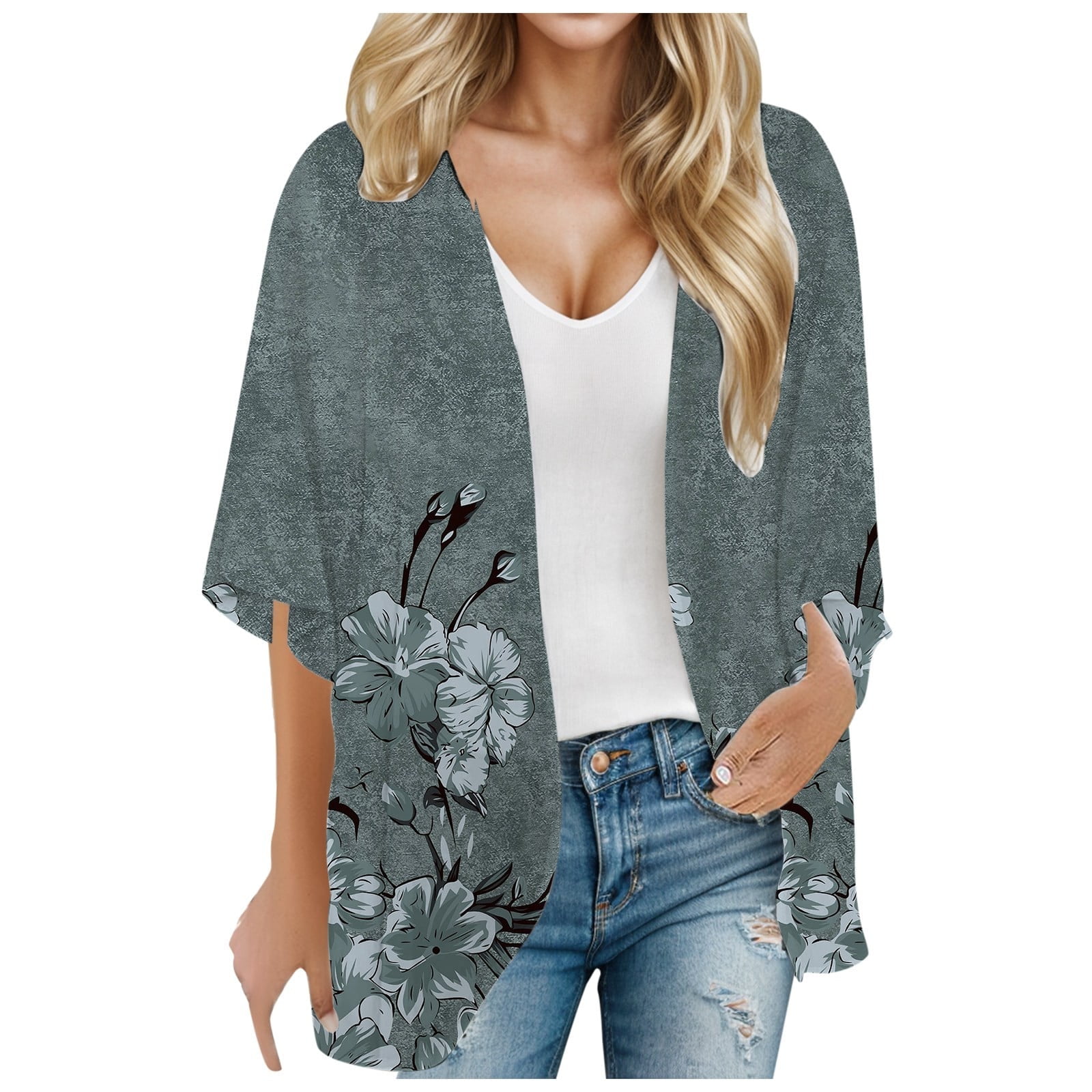 Cardigans for Women Trendy Summer Floral Printed Puff Sleeve Kimono ...