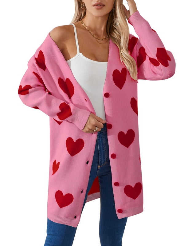 Cardigans for Women Valentine's Day Cute Heart Printed Mid-Length Button Down Cardigan Sweaters ...