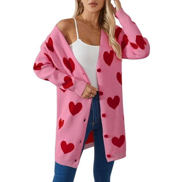 Cardigans for Women Valentine's Day Cute Heart Printed Mid-Length ...