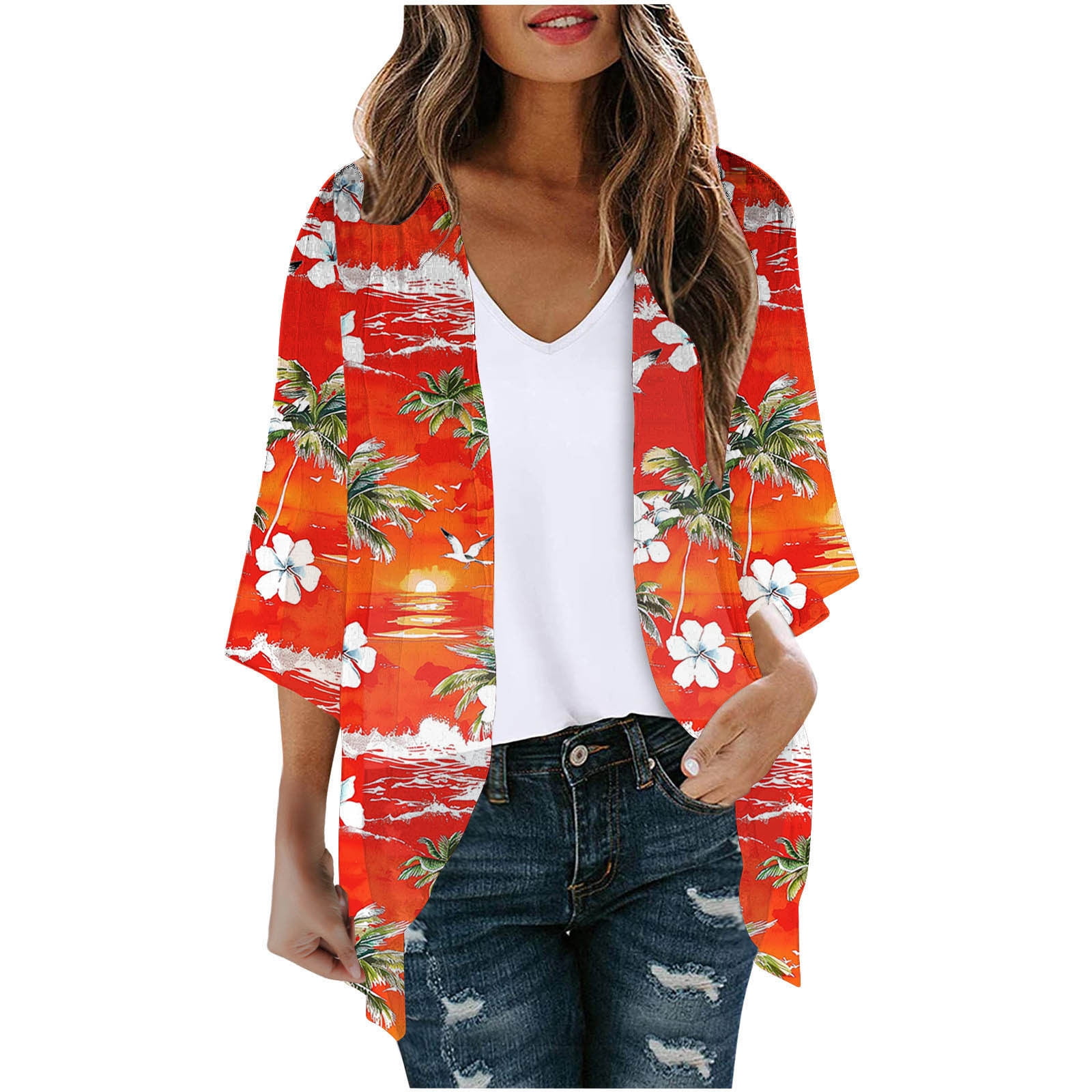 Cardigans for Women's Floral Kimono 3/4 Sleeve Summer Fall Loose Cover ...