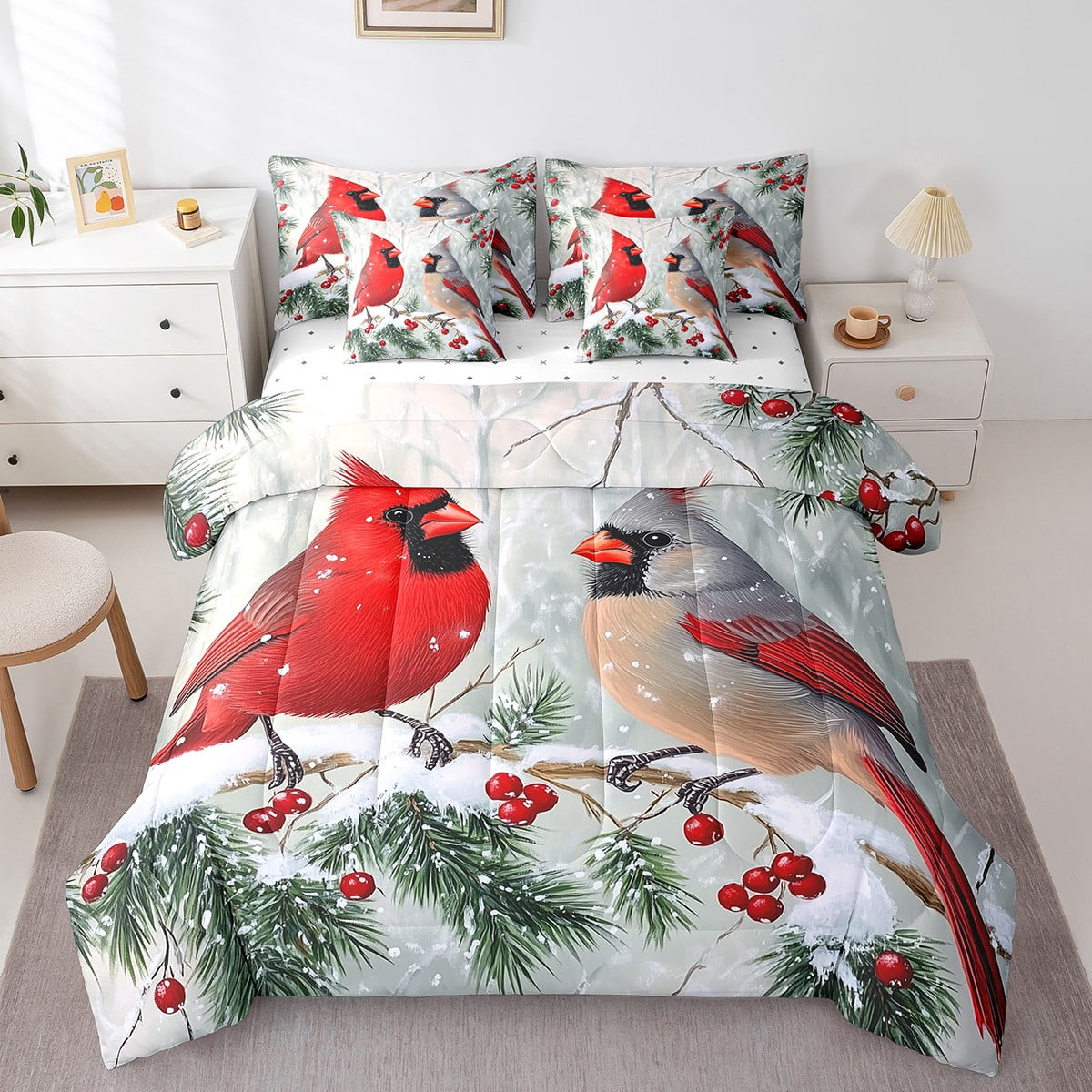 Cardinal 7-Piece Comforter Set Red Bird Winter Xmas Bedding Set ...
