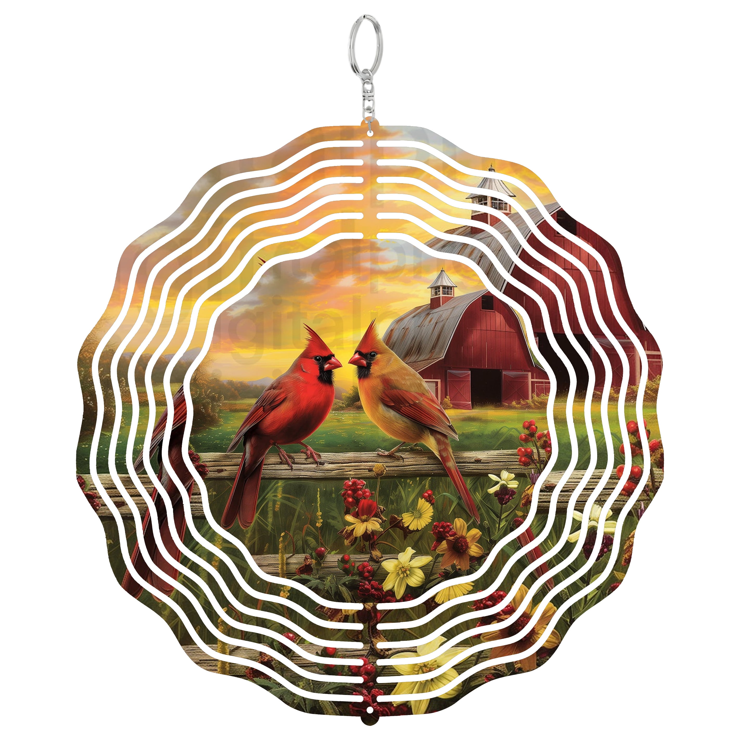 Cardinal And Barn Round 3D Wind Spinner Kinetic Hanging Garden Decor ...