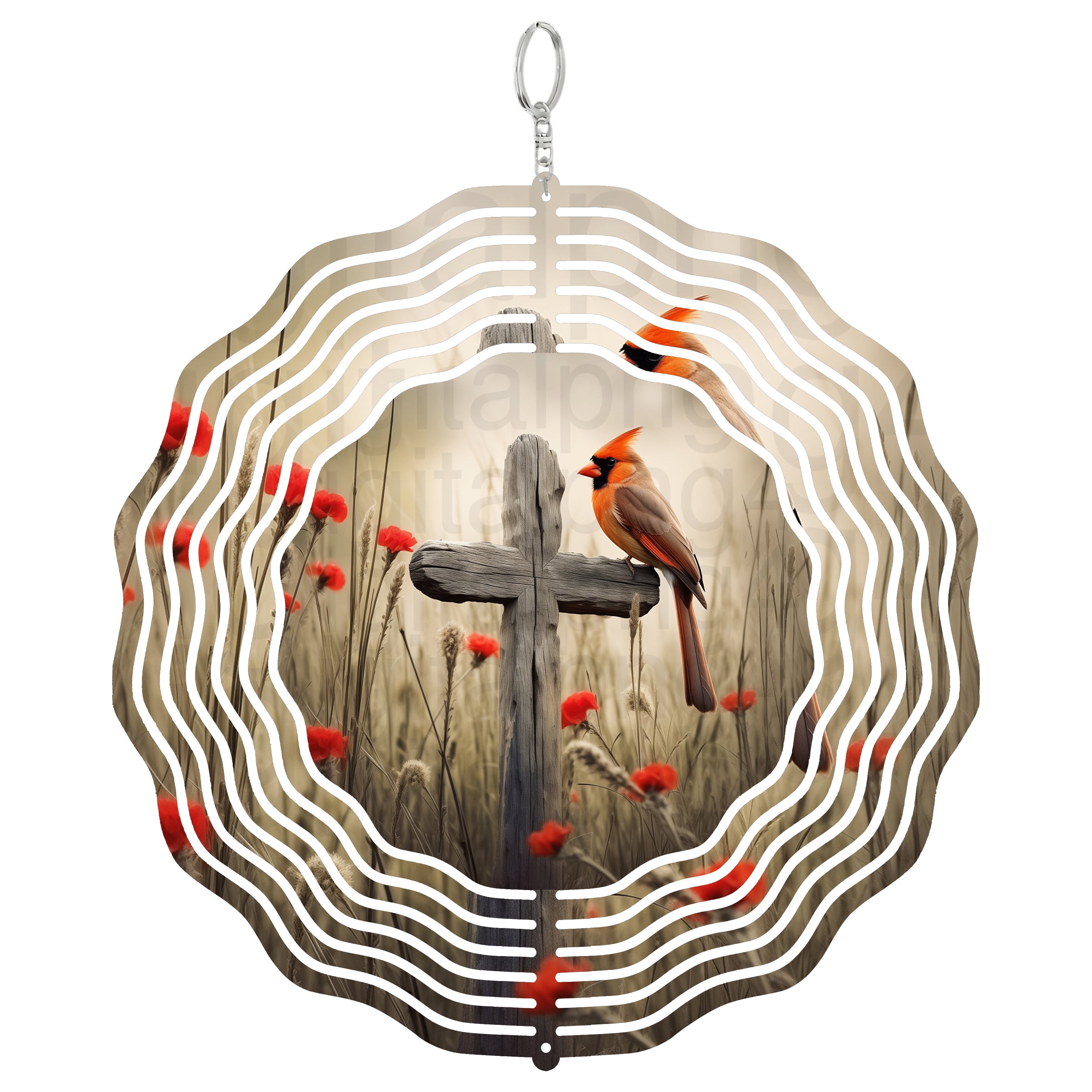 Cardinal And Cross Round 3D Wind Spinner Kinetic Hanging Garden Decor ...