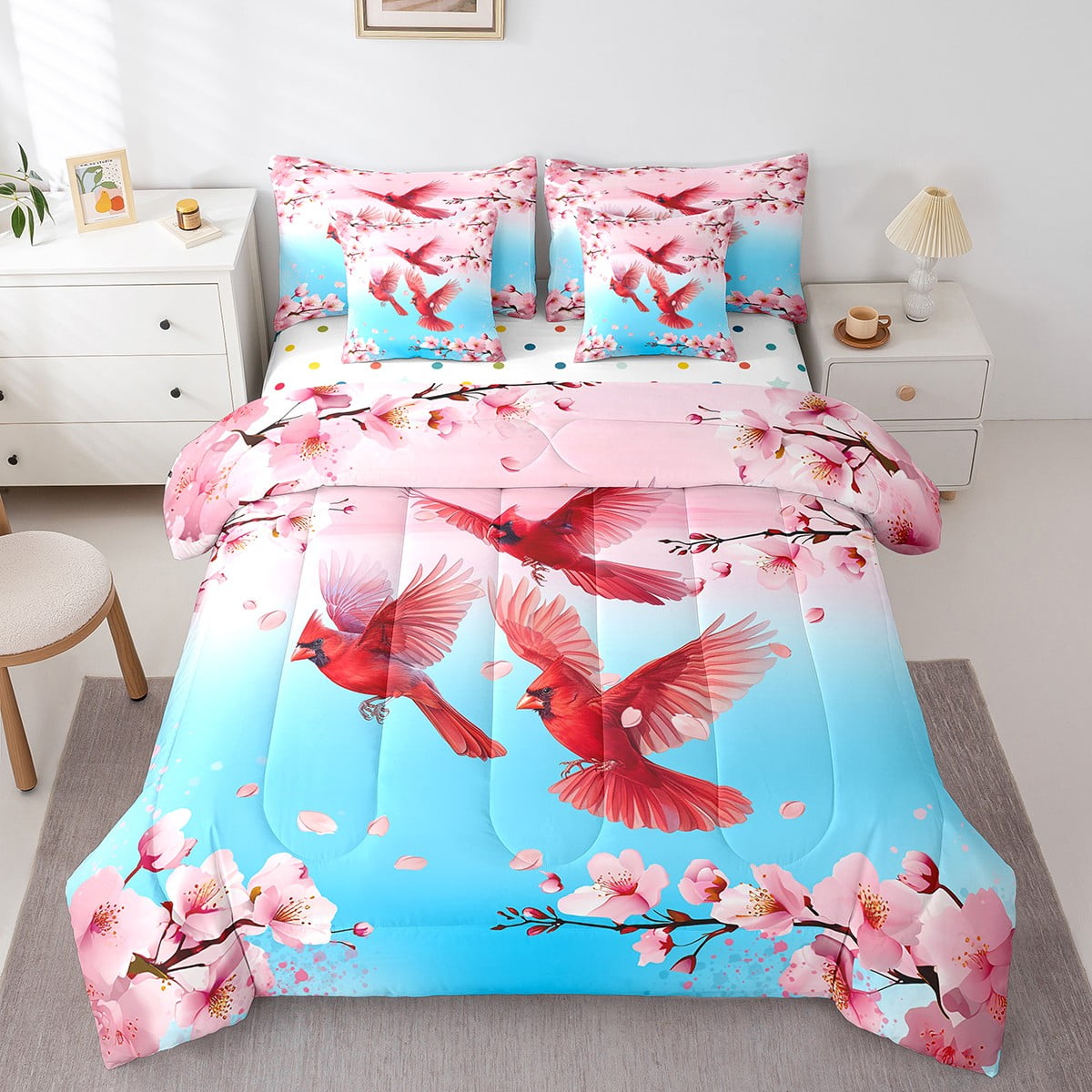 Cardinal Bed in a Bag King Size Comforter Set 7 Pieces,Red Birds Animal ...