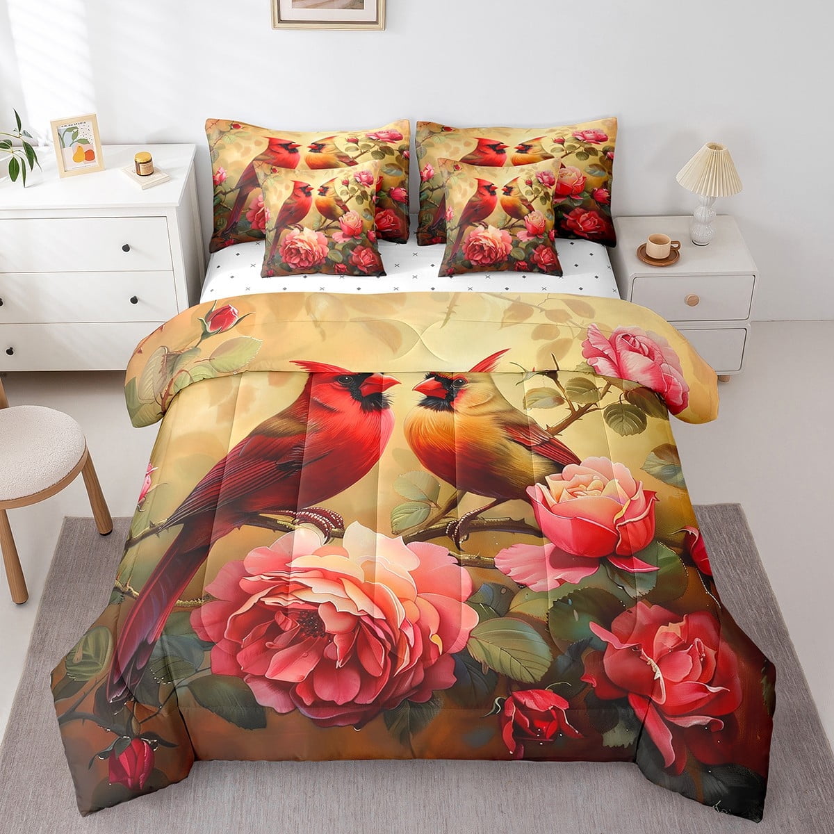 Cardinal Bed in a Bag King Size Comforter Set 7 Pieces,Red Rose Bedding ...