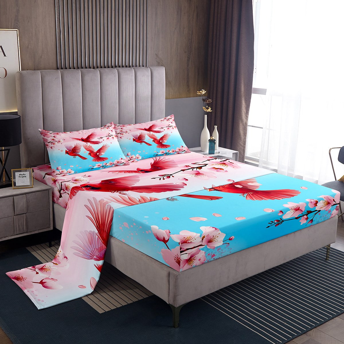 Cardinal Bed Sheets Set Red Birds Animal Full Sheet Set,Cherry Blossom ...
