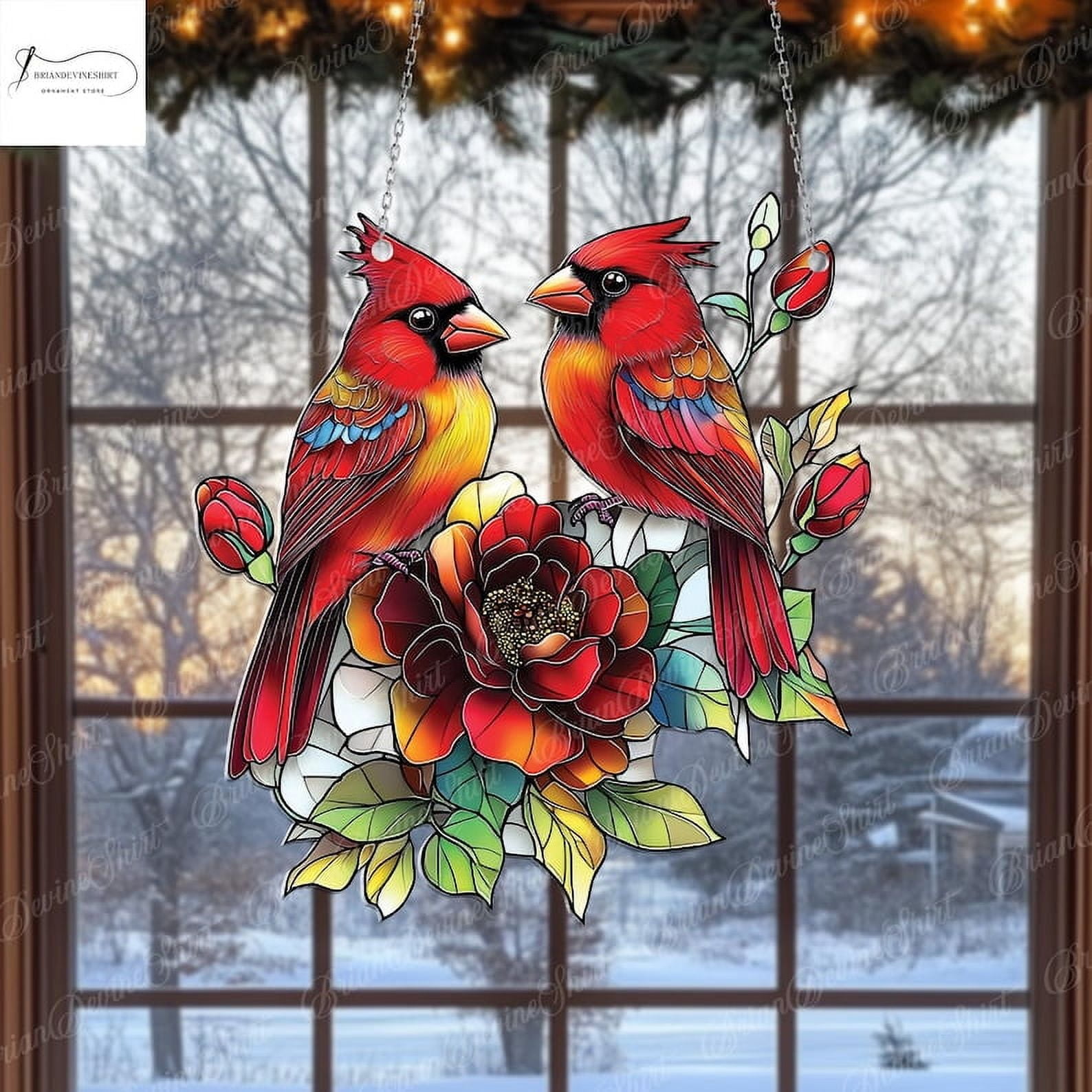 Cardinal Bird Acrylic Window Hanging, Floral Sun Catcher, Red Bird Home ...