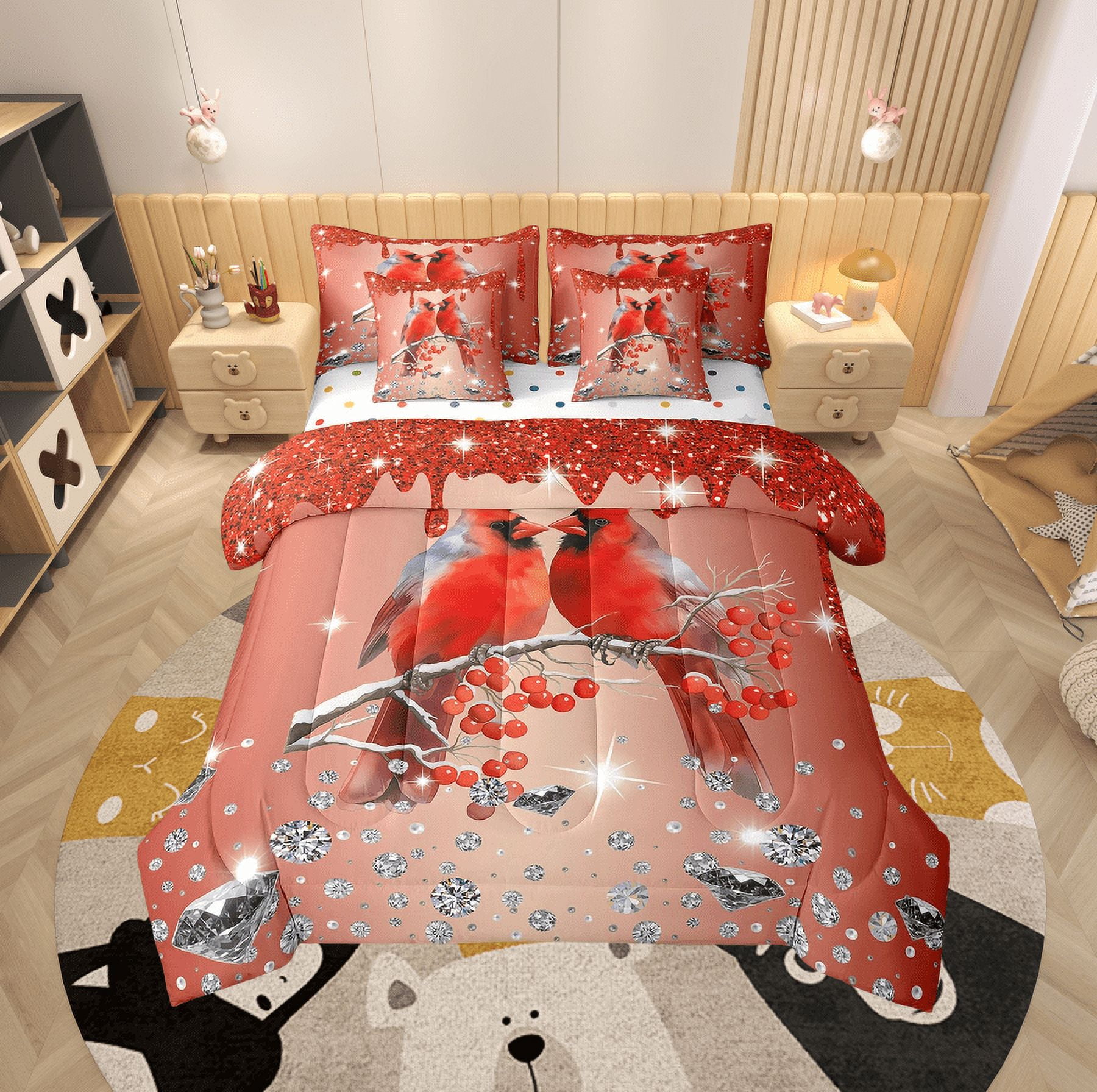 Cardinal Bird Bed in a Bag King Size Comforter Set 7 Pieces,Red Sequin ...