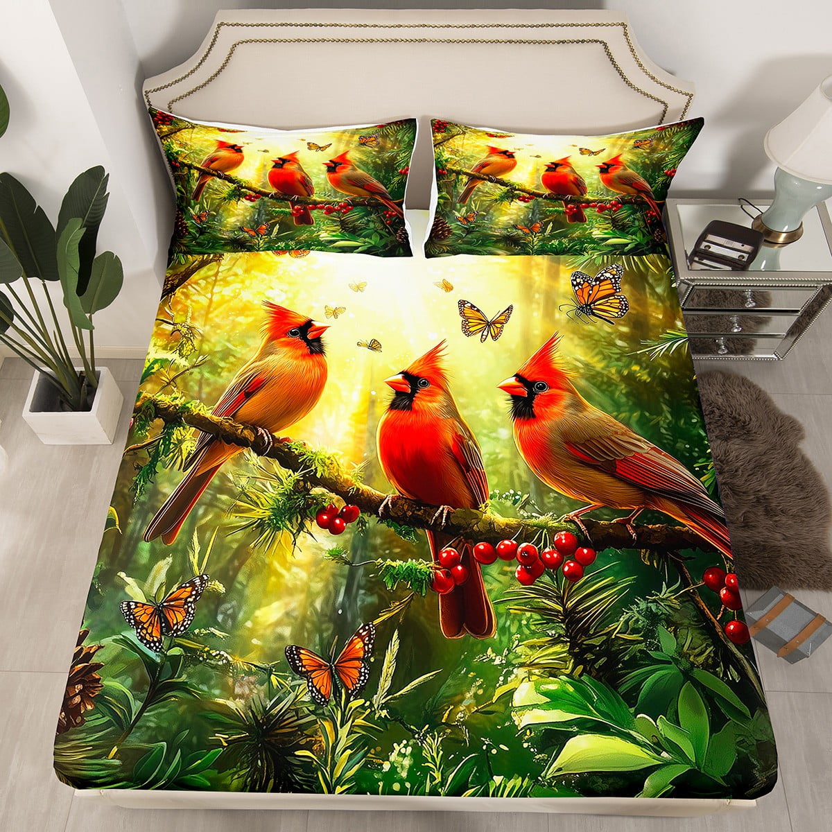 Cardinal Bird Bed Sheets Red Cardinals Pattern Full Fitted Sheet,Tree ...