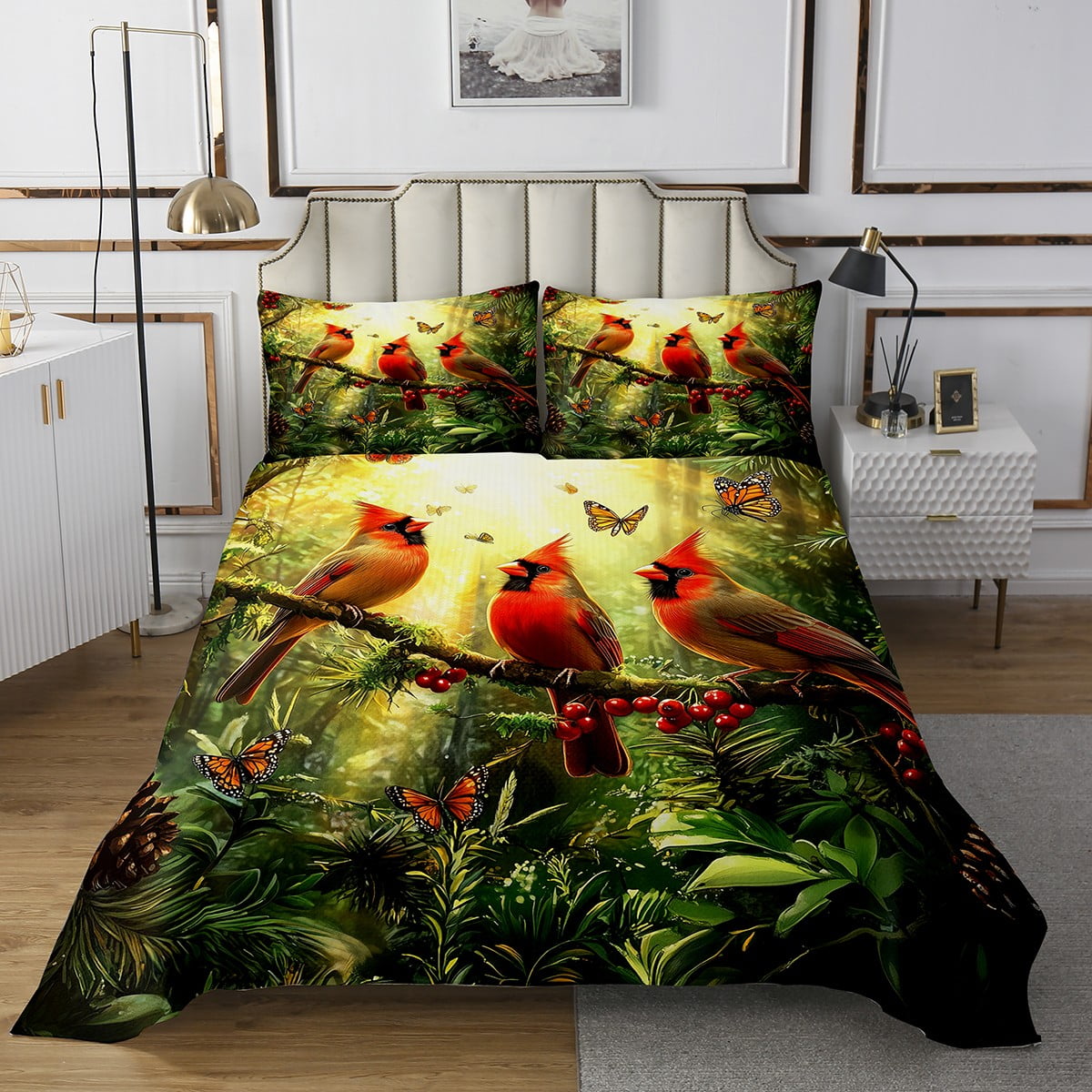 Cardinal Bird Bedspread Set Red Cardinals Pattern Twin Quilt Set,Tree ...