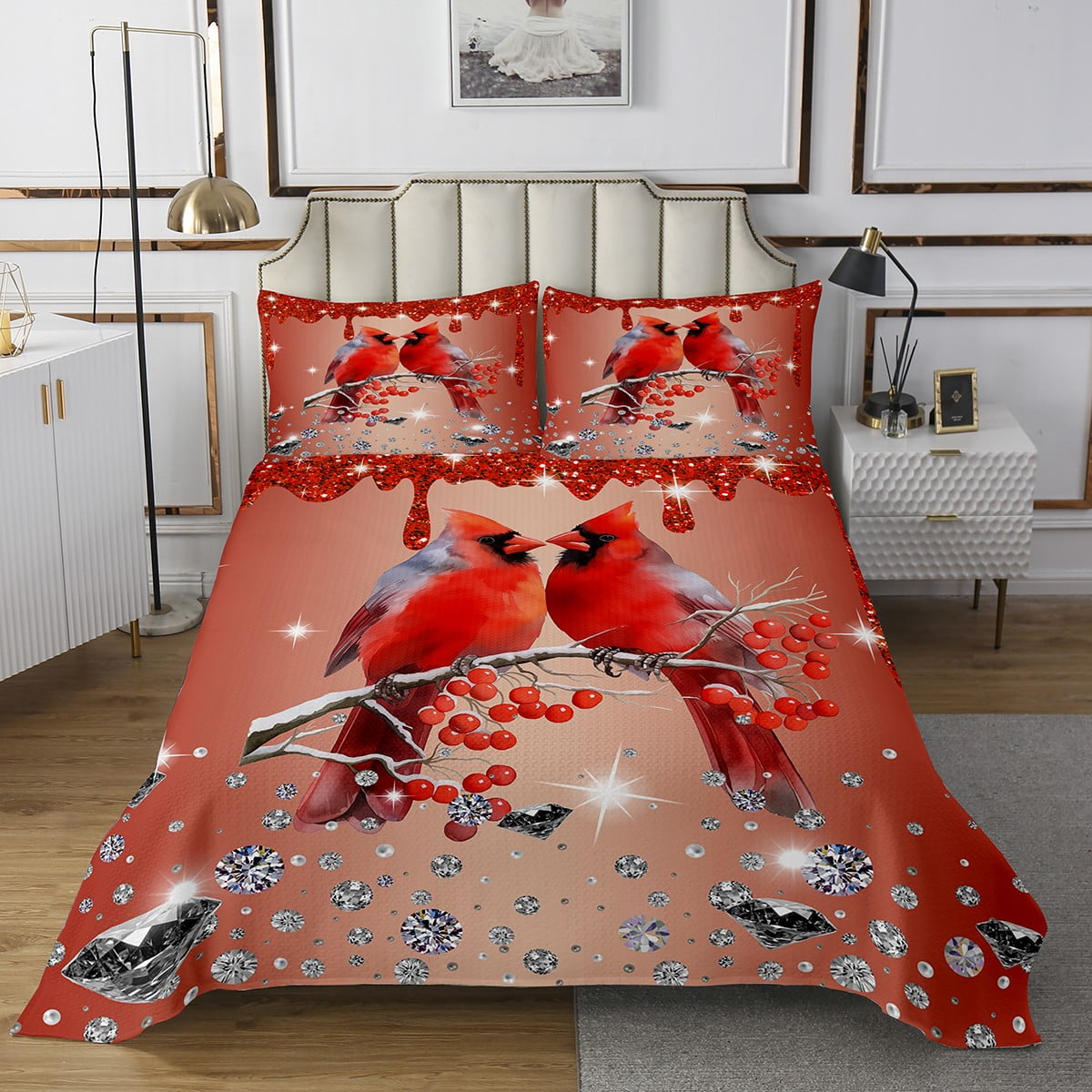 Cardinal Bird Bedspread Set Red Sequin Fluid Art Quilt Set King,Crystal ...
