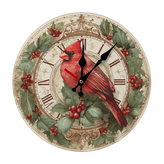 Cardinal Bird Berries Round Wooden Wall Clock, Silent Non-Ticking Decor ...
