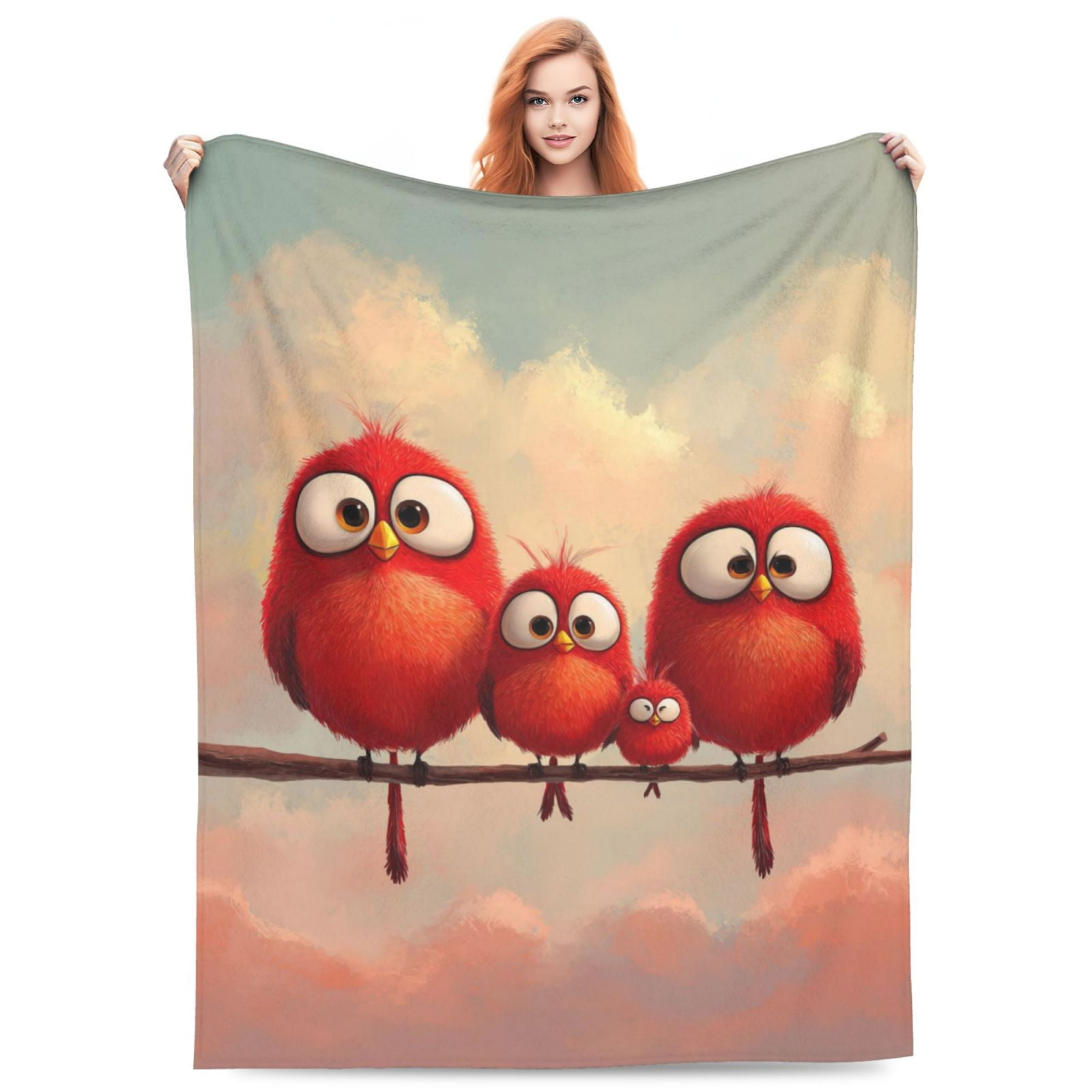 Cardinal Bird Blanket, Whimsical Fluffy Red Bird Family On Branch For ...