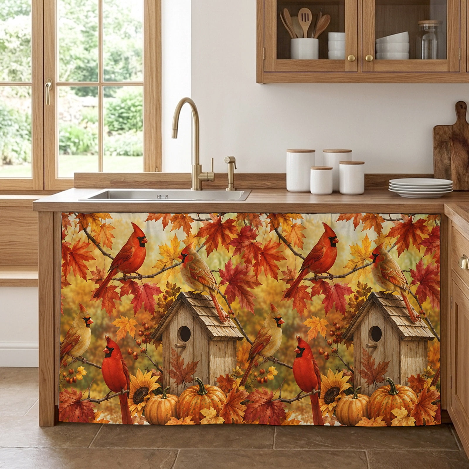 Cardinal Bird Cabinet Curtains 28"W x 51"L, Fall Red Bird Orange Maple ...