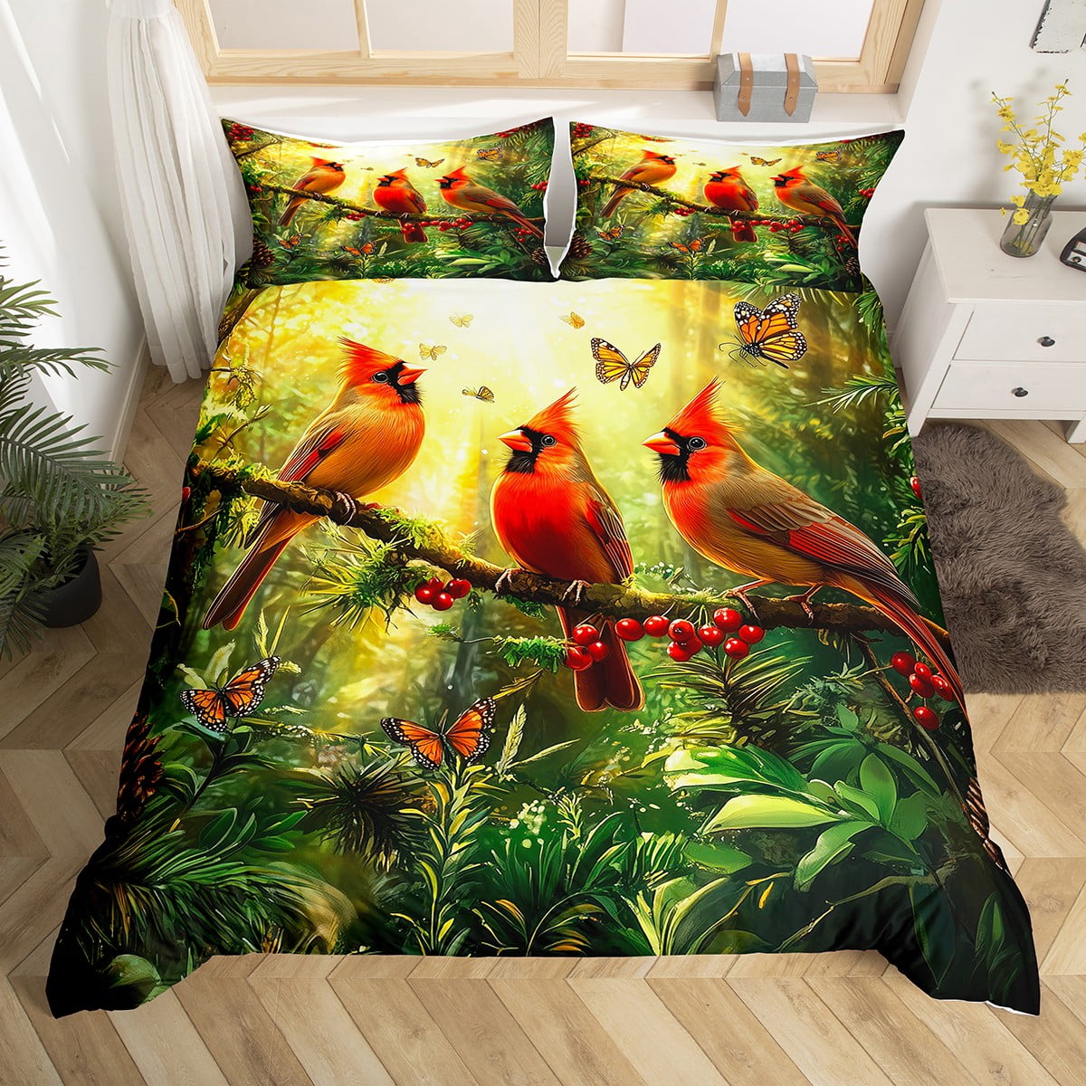 Cardinal Bird Comforter Cover Queen Size Red Cardinals Pattern Bedding ...