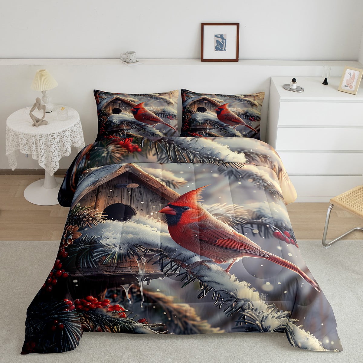 Cardinal Bird Comforter Set King Size Winter Themed Bedding 3 Piece, Farmhouse Red Birds Bedding ...