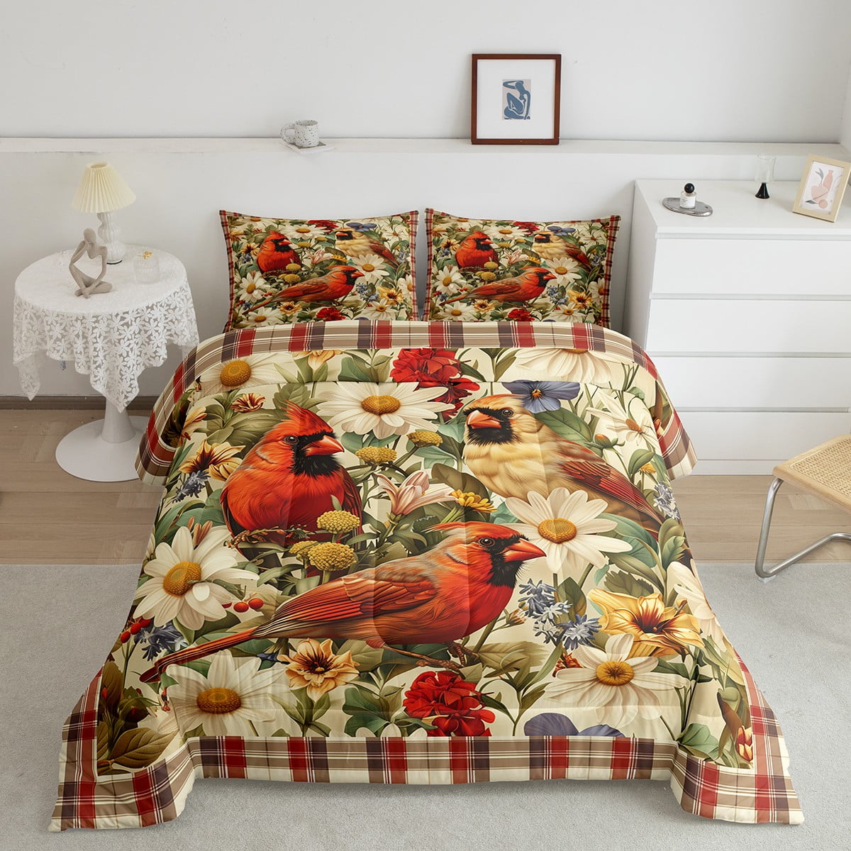 Cardinal Bird Comforter Set Rustic Farmhouse Themed Bedding Queen Size ...