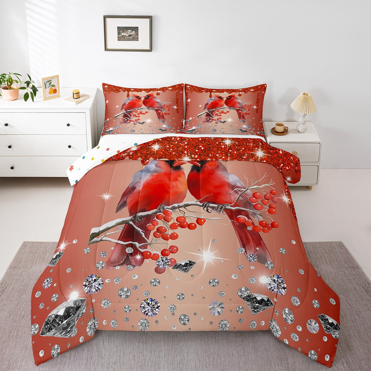 Cardinal Bird Comforter Set Red Sequin Fluid Art King Bedding Set ...