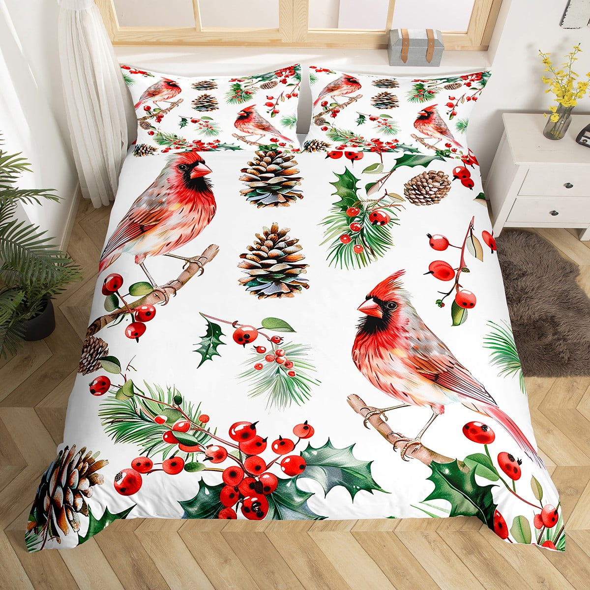 Cardinal Bird Duvet Cover Set Pine Tree Branches King Bedding Set,Fall ...
