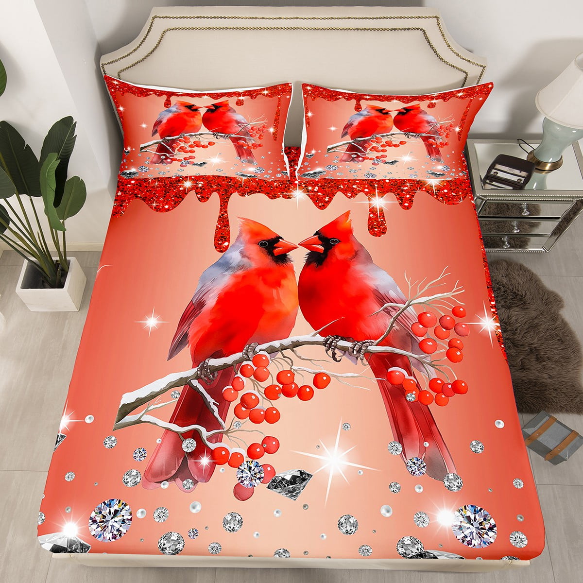 Cardinal Bird Fitted Sheet Red Sequin Fluid Art Bed Sheets Queen Size ...