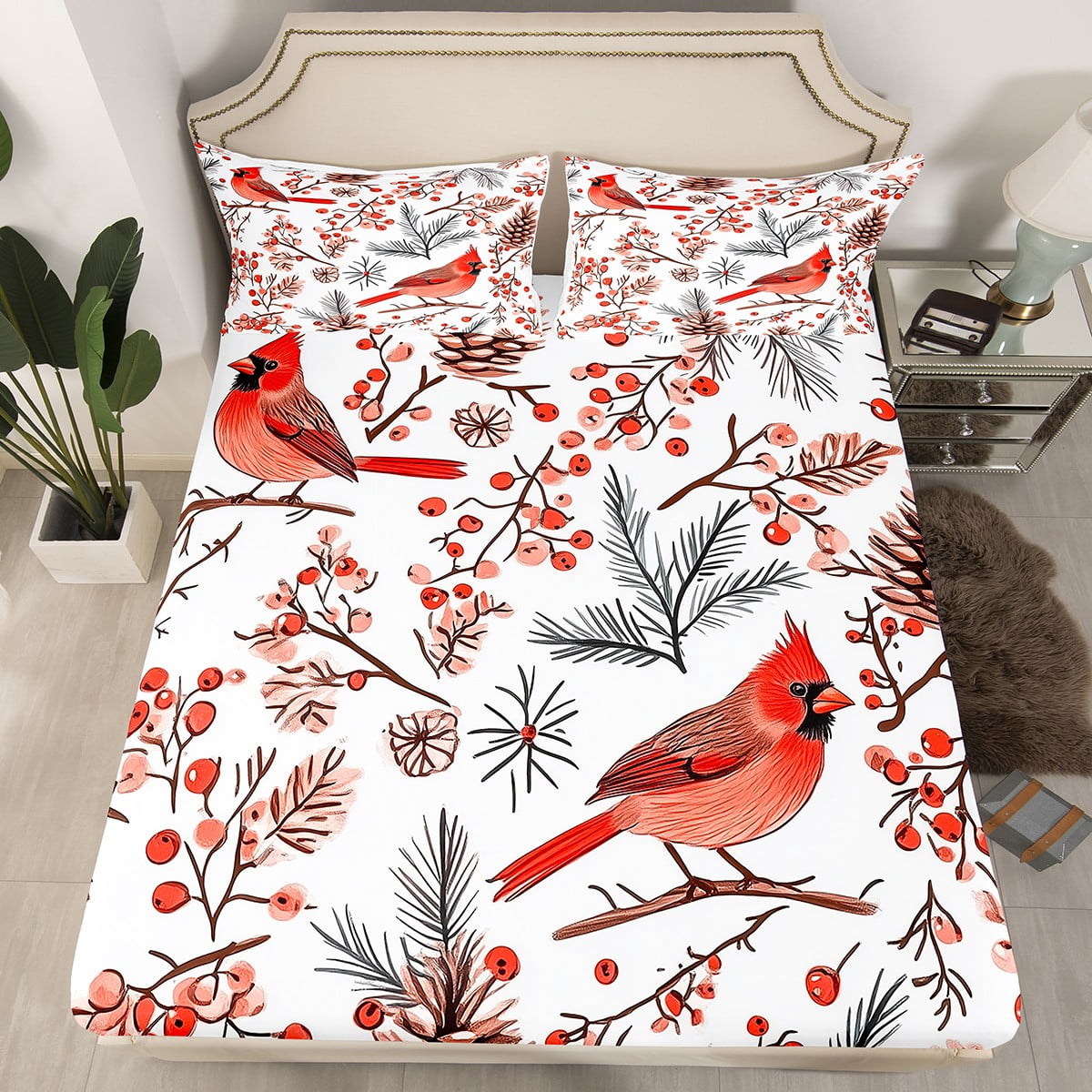 Cardinal Bird Fitted Sheet Fall Leaves Fruit Sheets,Pine Tree Branches ...