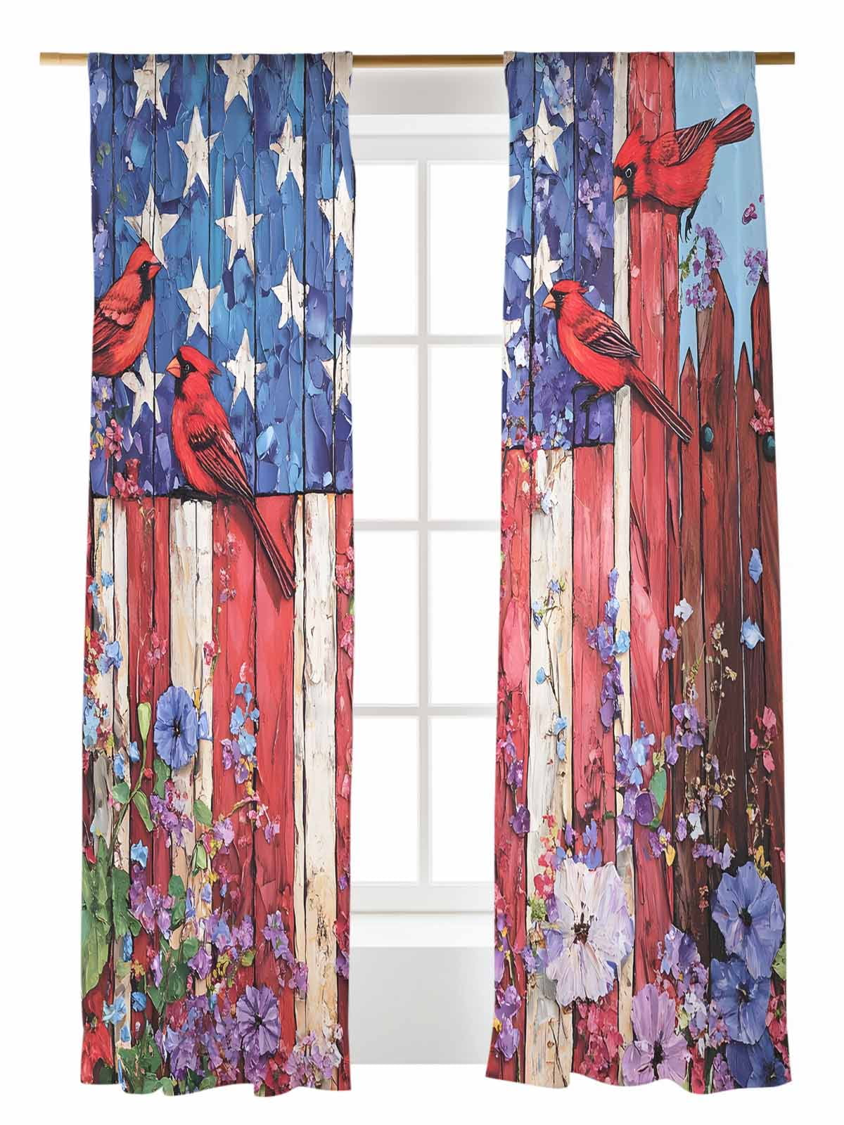 Cardinal Bird Flower Sheer Curtains 2 Panels Set 4th of July Patriotic ...