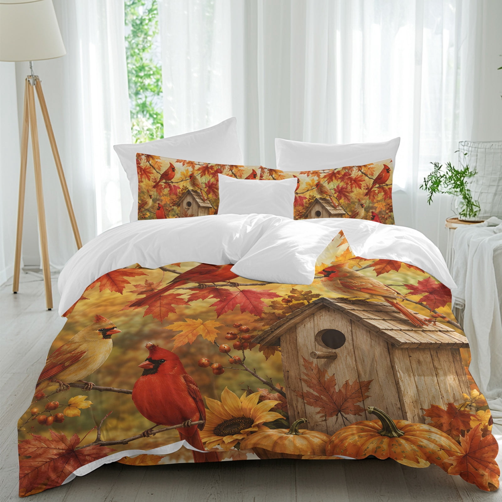 Cardinal Bird Full Duvet Cover Set, Fall Red Bird Orange Maple Leaf ...